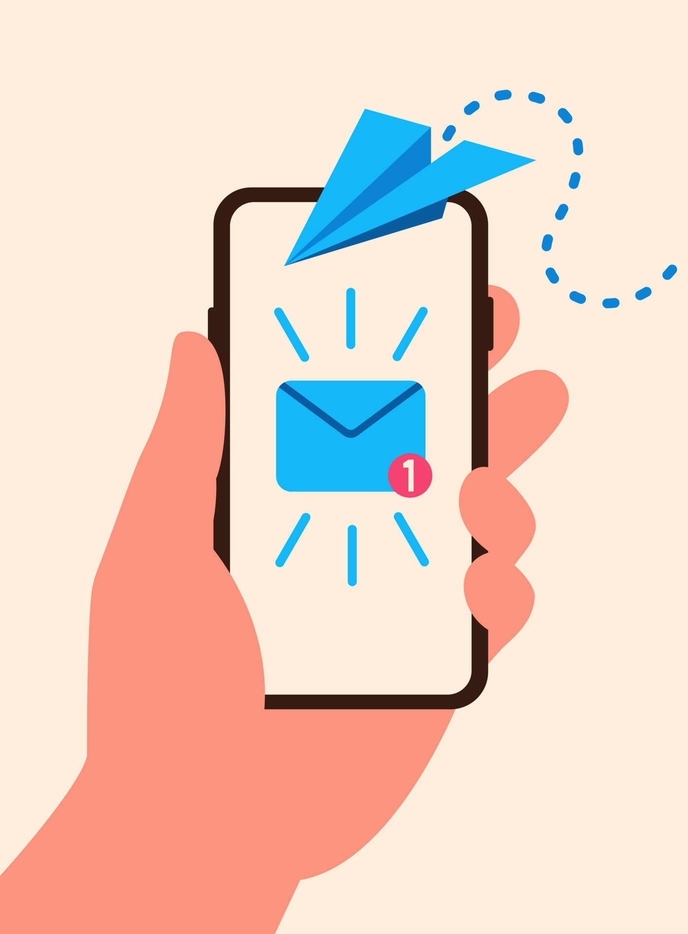 Phone in hand with flying paper airplane and inbox message with notification flat style 11843006 ...