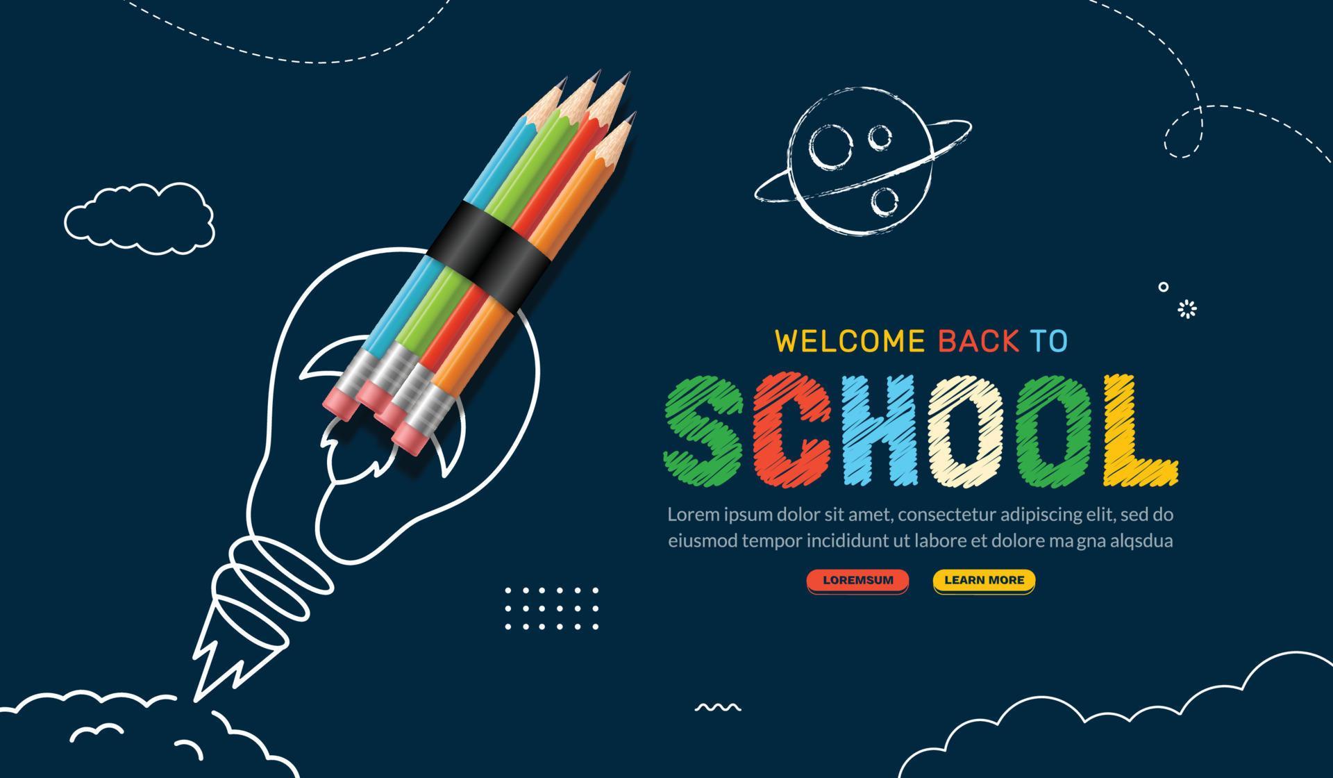 Back to School background with doodle light bulb and rocket pencil launching to space. Online ...