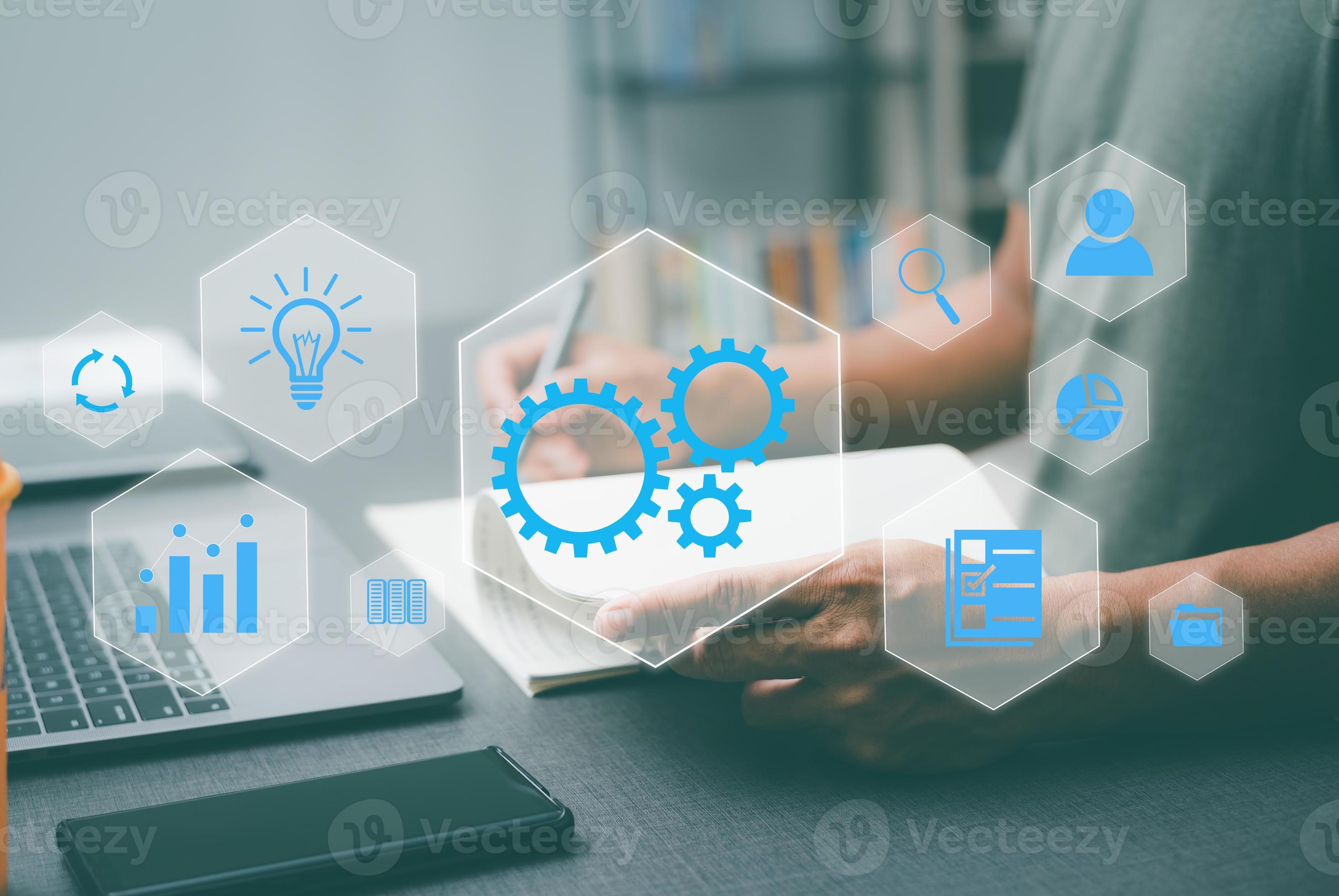 Businessman analyze processes and automate workflows with flowcharts ... Businessman analyze processes and automate workflows with flowcharts ...