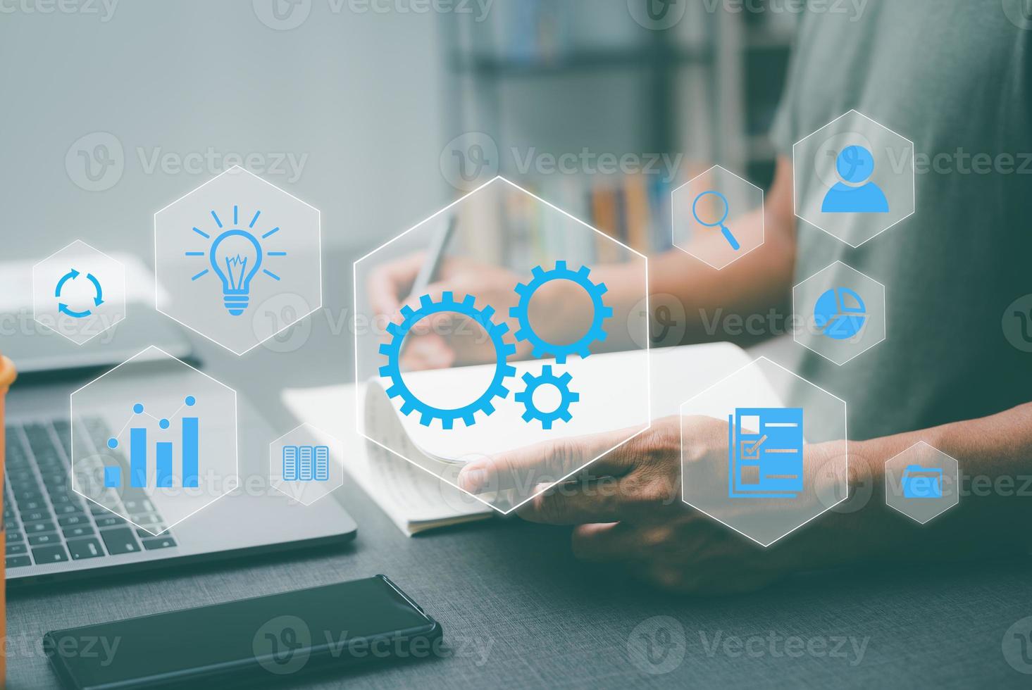 Businessman analyze processes and automate workflows with flowcharts ... Businessman analyze processes and automate workflows with flowcharts ...