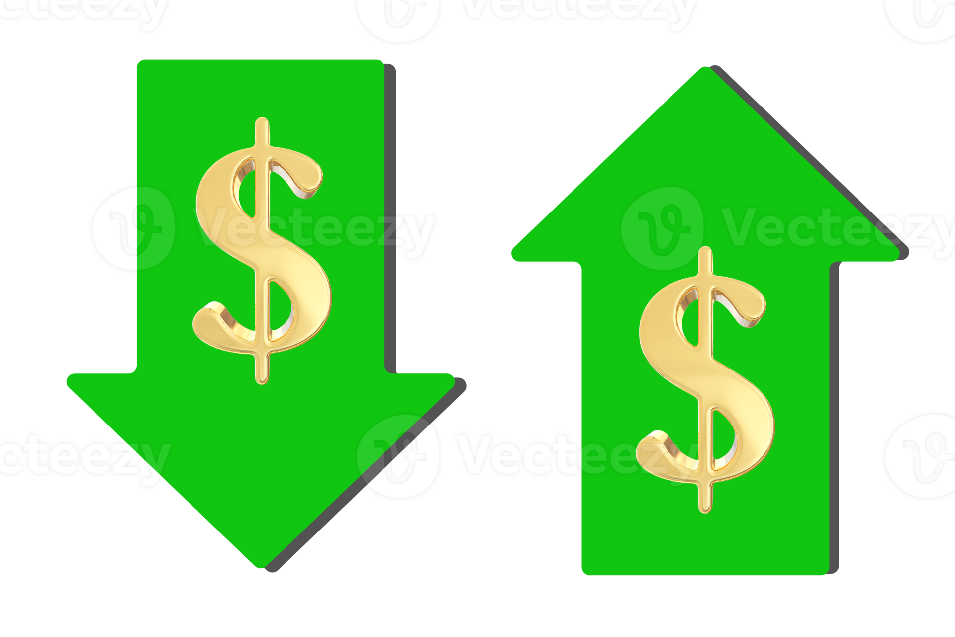 Gold Dollar rate decrease icon isolated on green background. Business lost crisis decrease. Long ...
