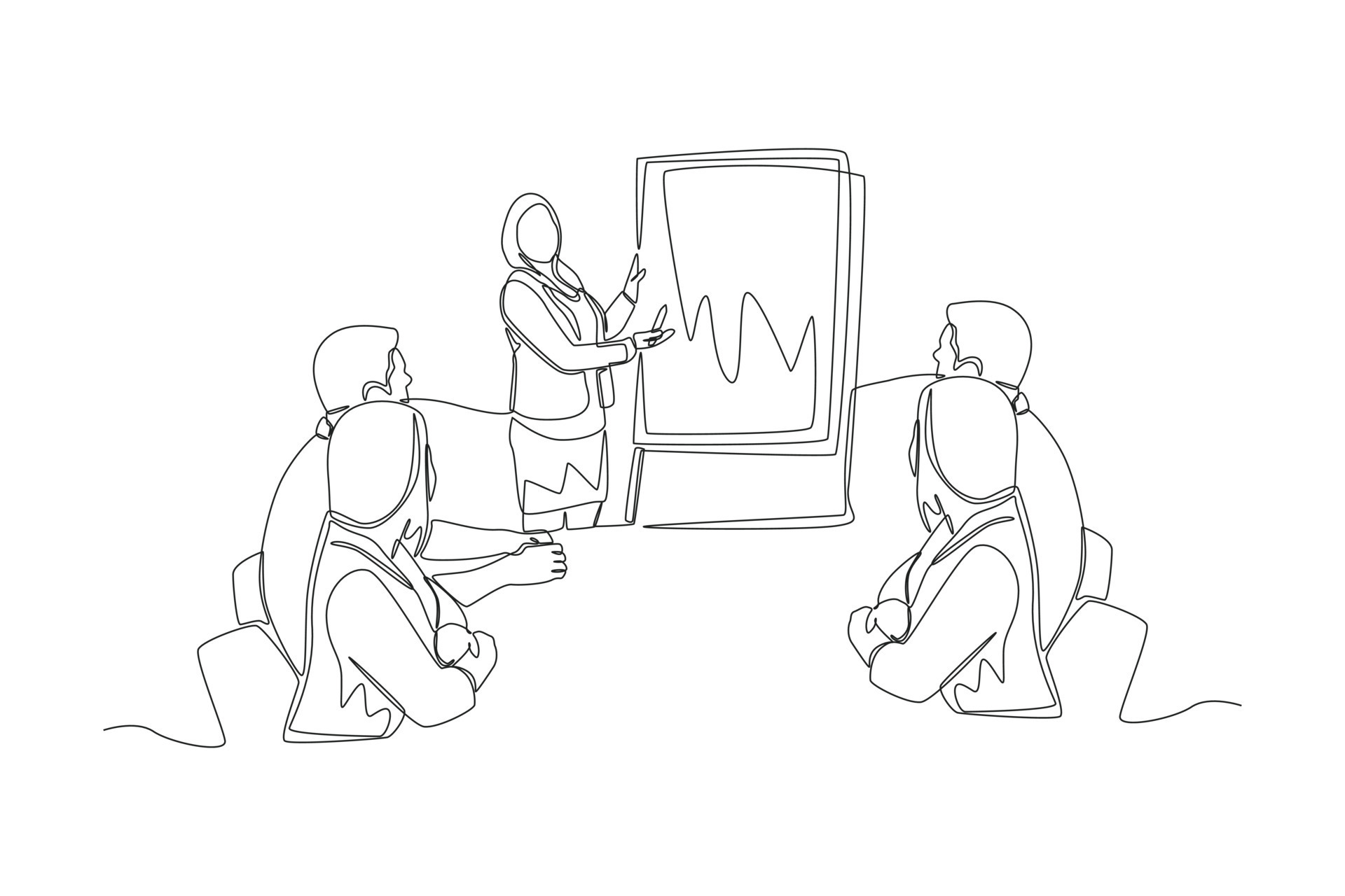 Continuous One Line Drawing Business Woman Gives Presentation And Explain Graph Strategy Profit