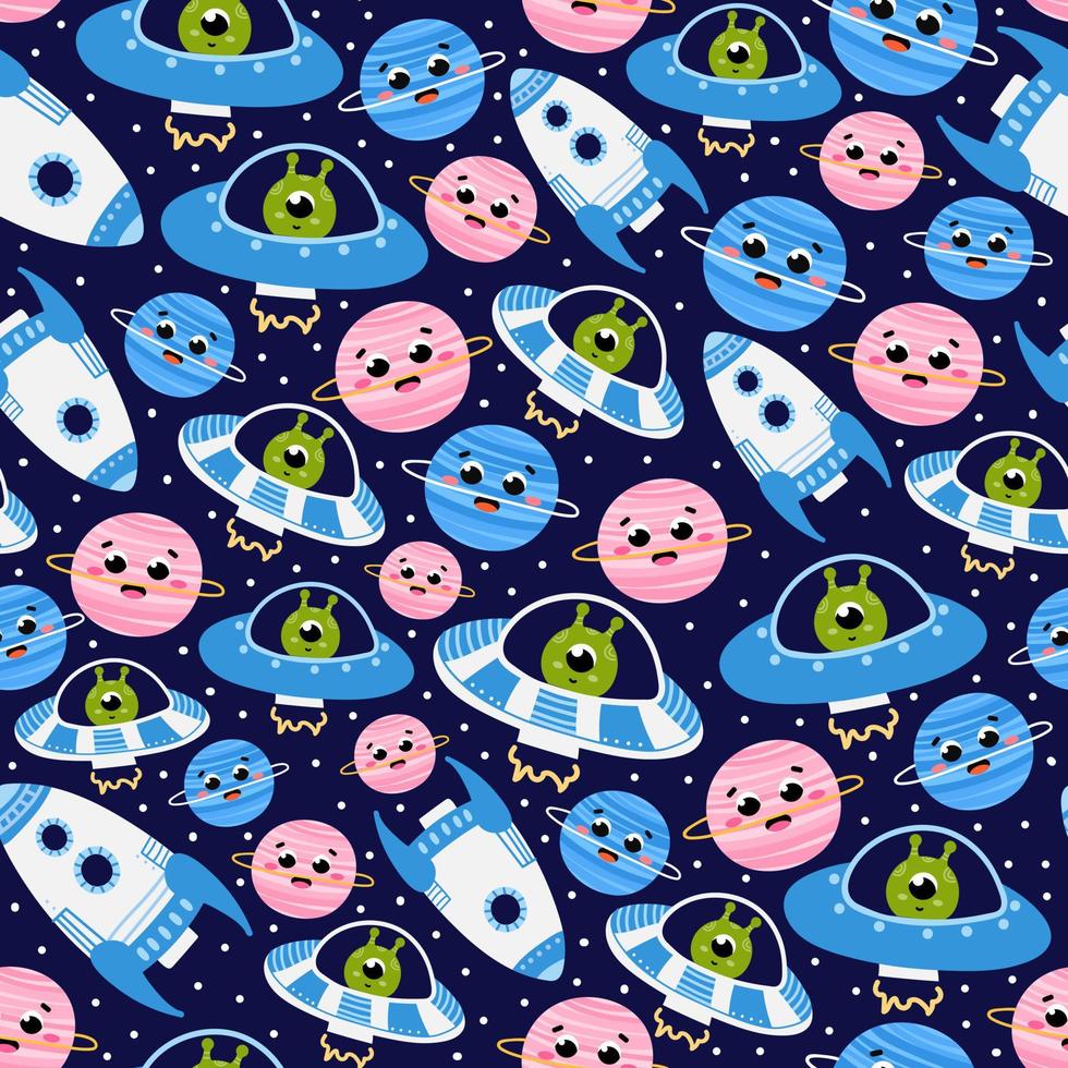 Cute childish space seamless pattern with spaceships and planets on ...