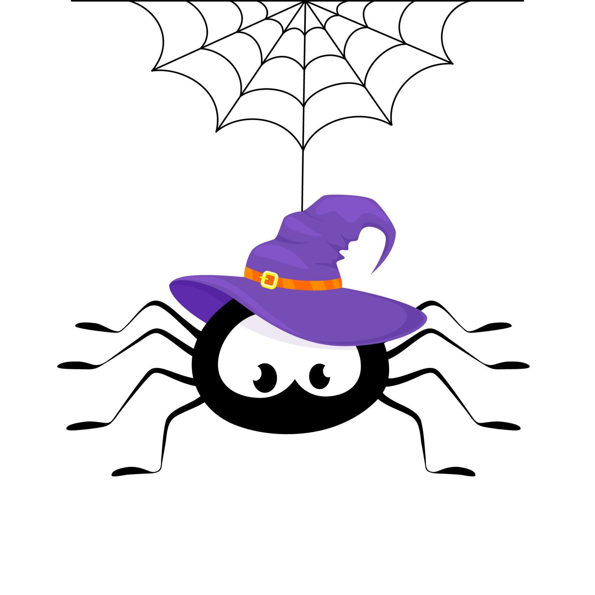 A spider in a witch's hat descends from spider web. Halloween concept ...