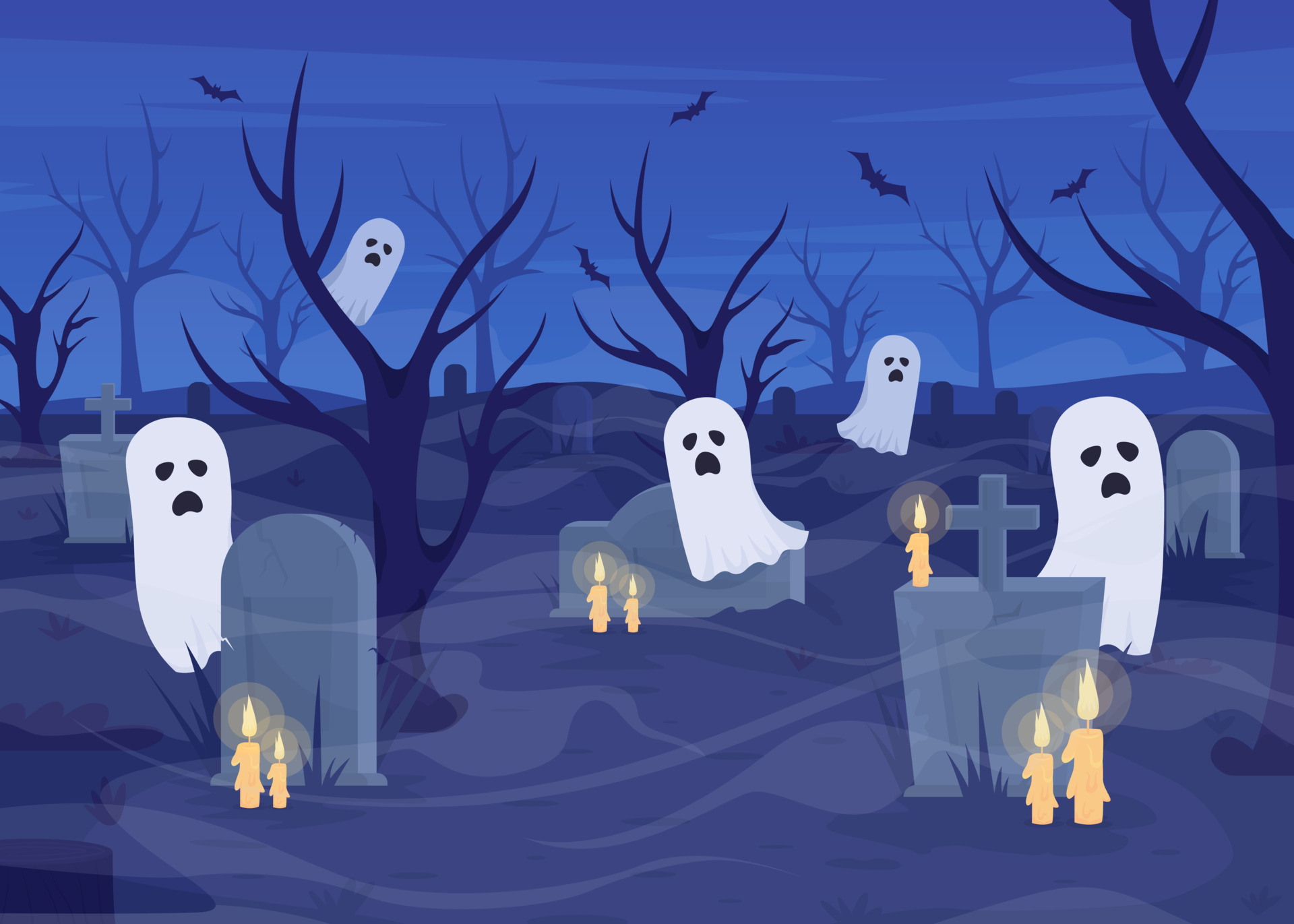 fantasmas aullando en la ilustración de vector de color plano del cementerio. lápidas de ...