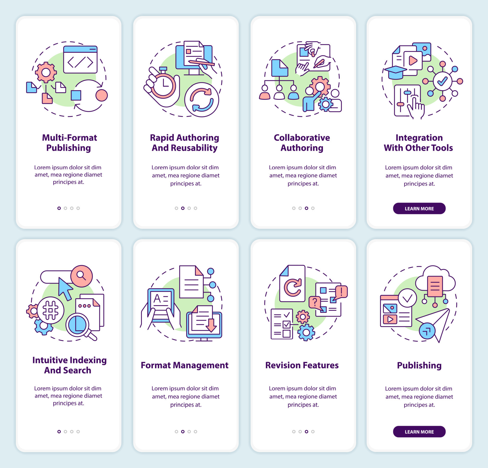 Lcms And Cms Features Onboarding Mobile App Screen Set Integration Walkthrough 4 Steps Editable