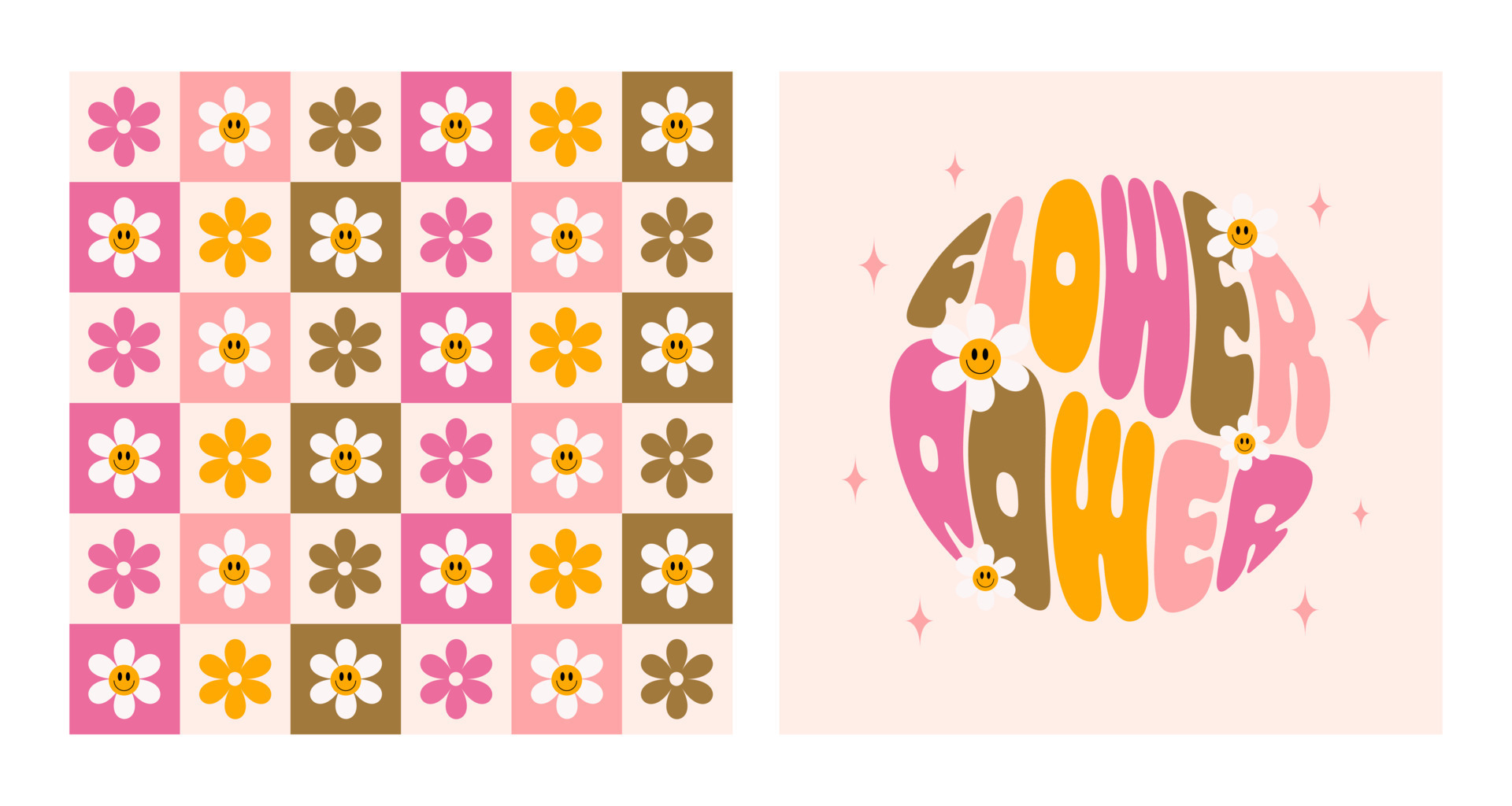 Retro set flower power slogan with smiling flowers in round shape and ...