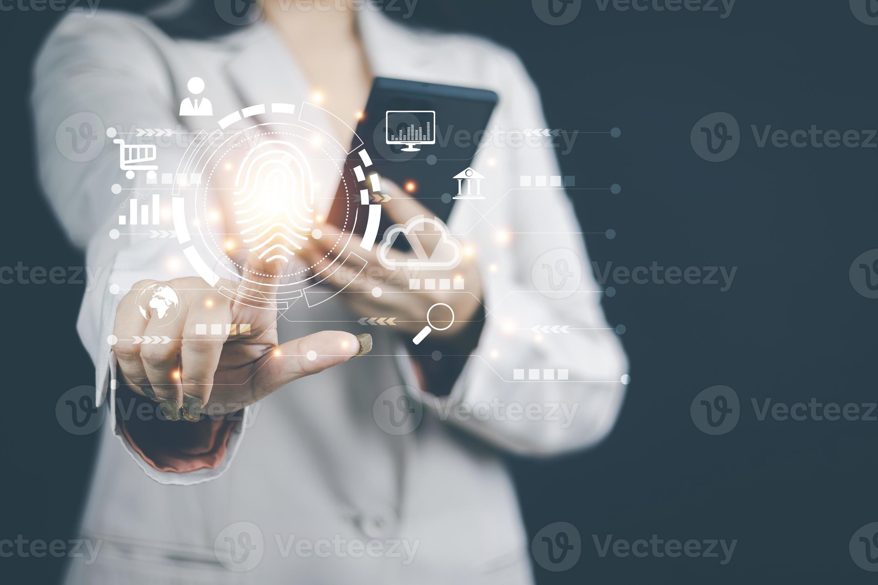 cyber security concept, woman's hand scanning finger to go online to ...