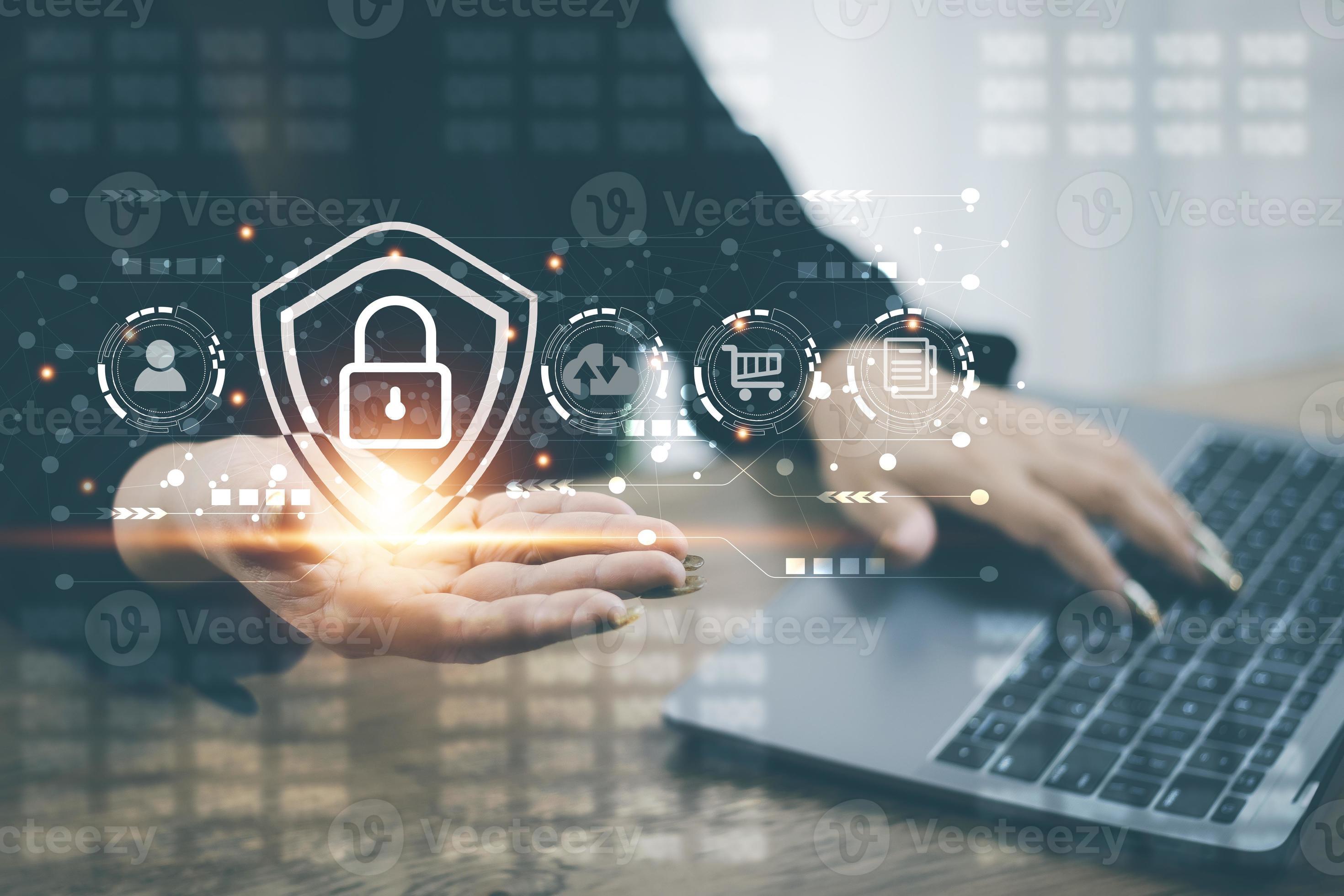 cyber security concept, woman's hand scanning finger to go online to ...