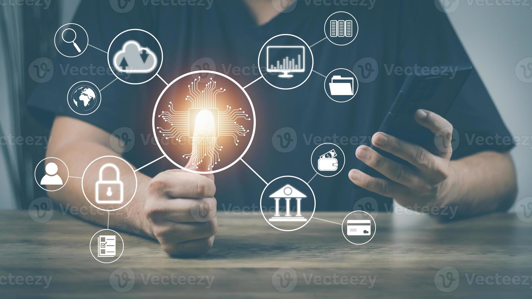 cyber security concept, man's hand scanning finger to go online to ...