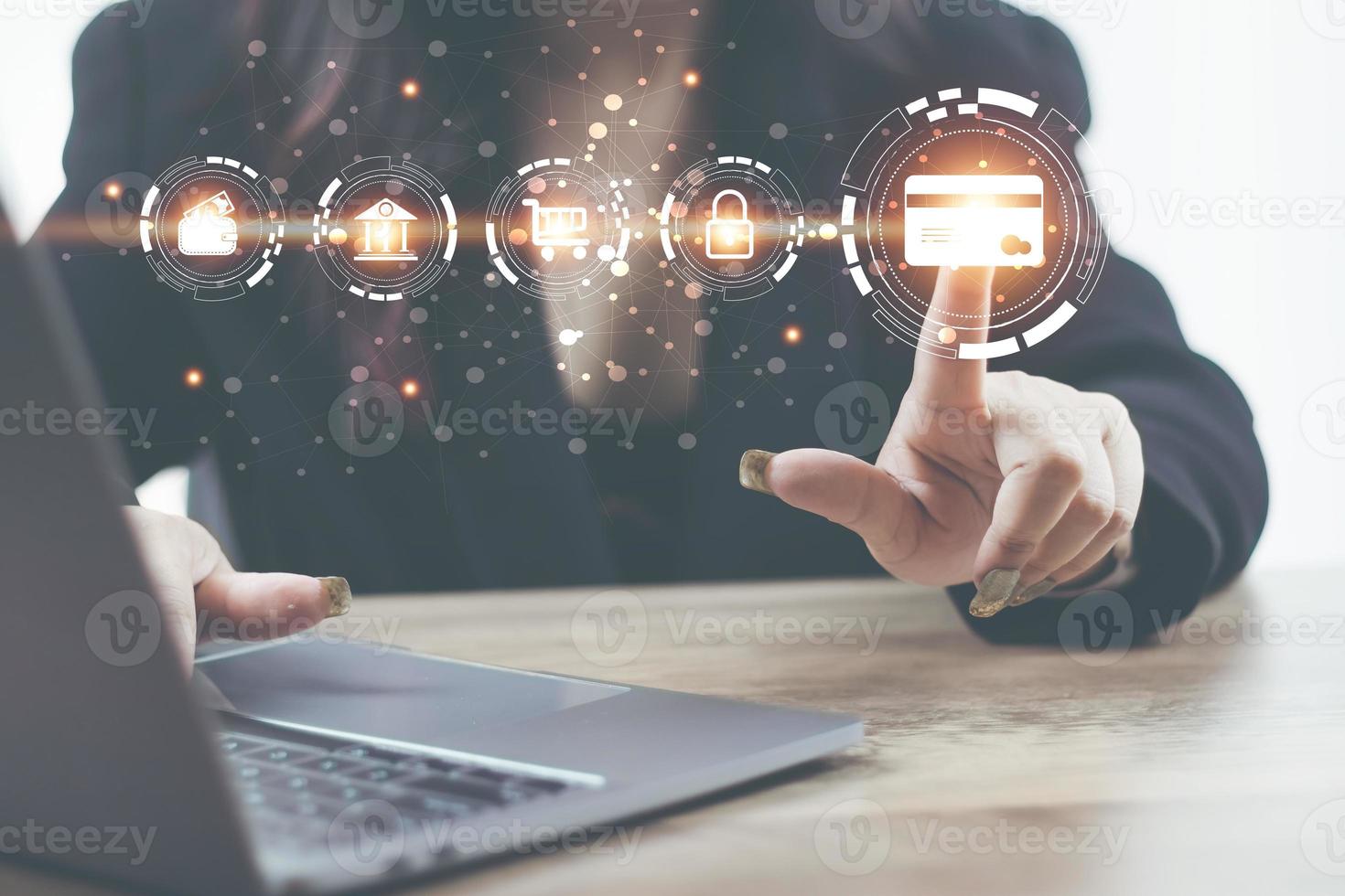 cyber security concept, woman's hand scanning finger to go online to ...