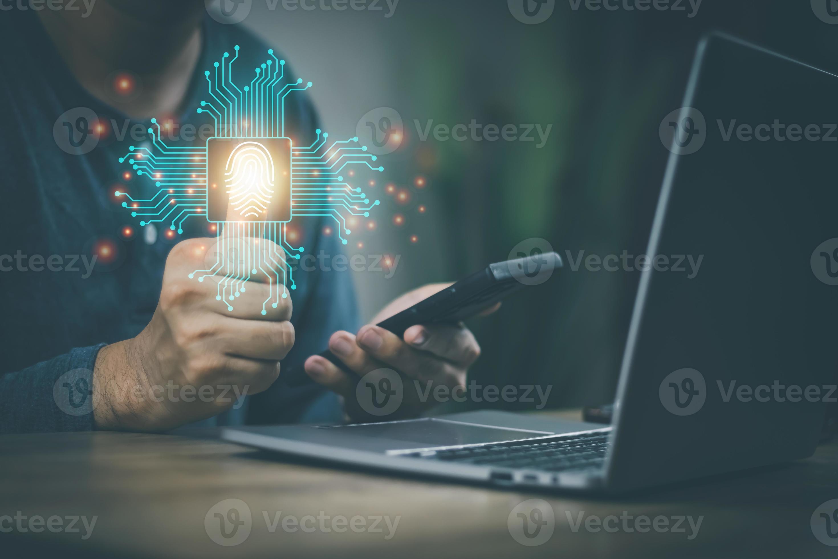 cyber security concept, man's hand scanning finger to go online to ...