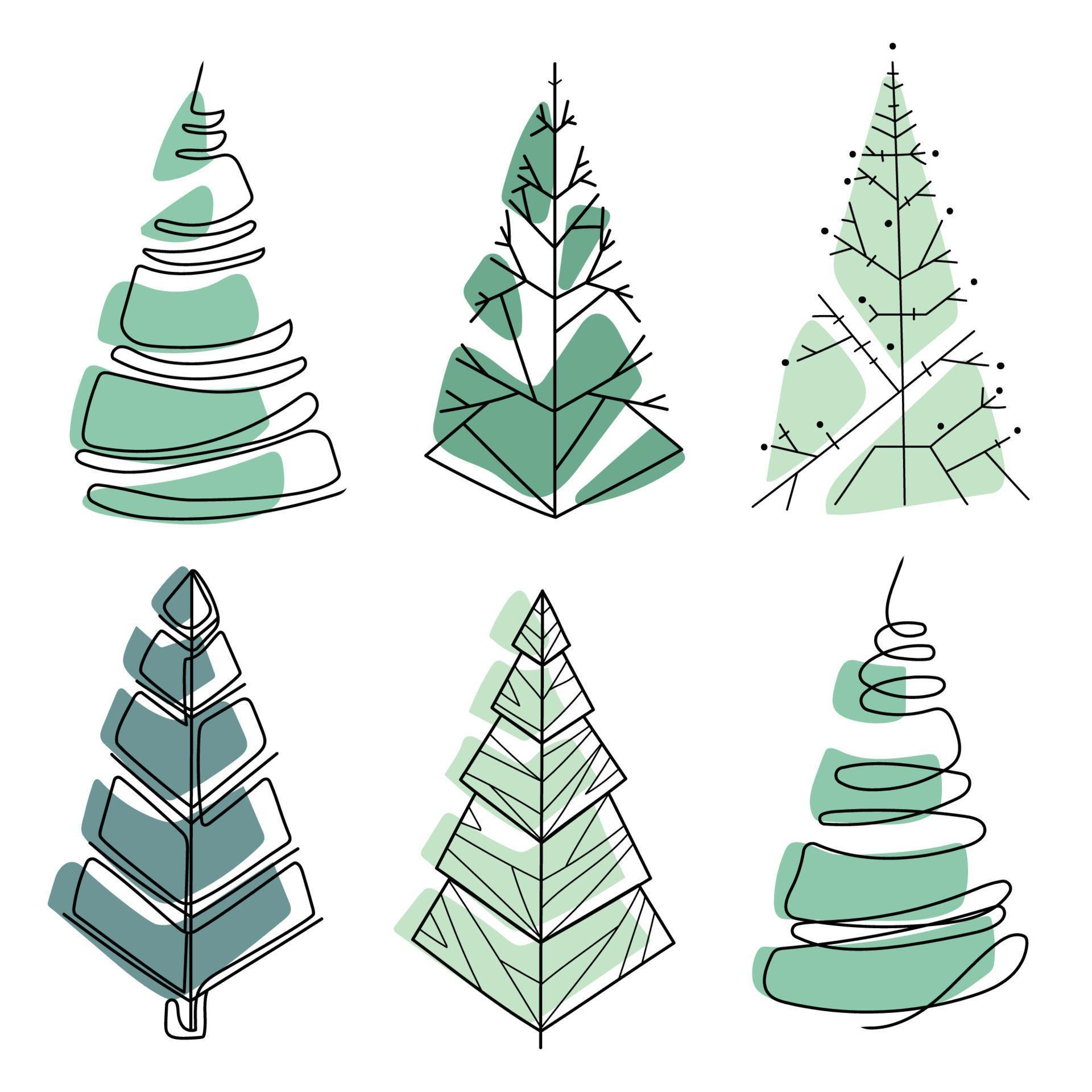 Christmas trees drawing in Minimal Art style vector isolated set ...