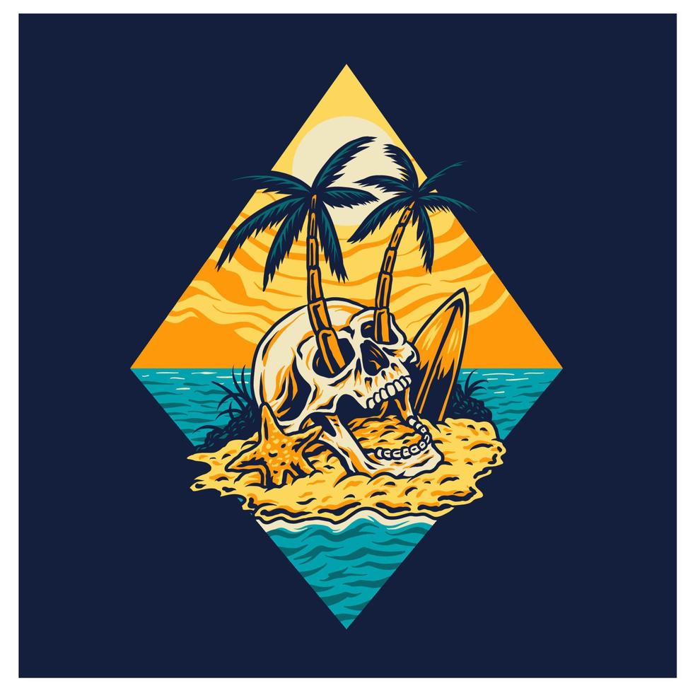 Skull Summer Beach T Shirt Graphic Design Hand Drawn Line With Digital