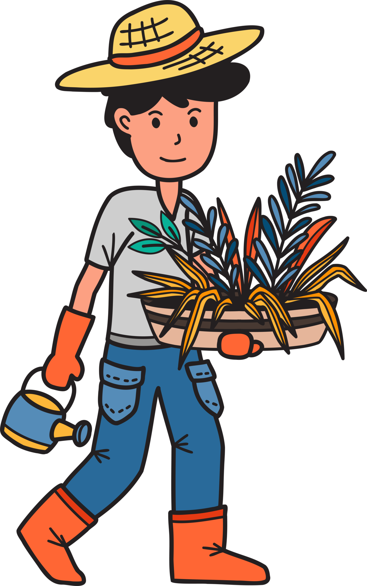 Hand Drawn male farmer holding a basket of fruits and vegetables ...