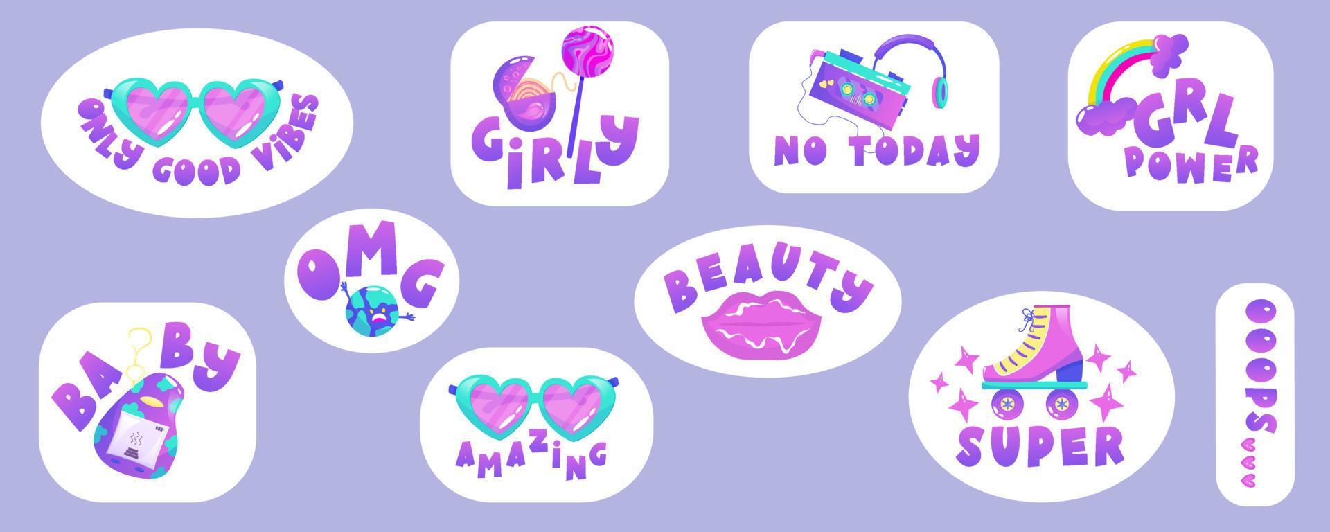 Retro Y2K sticker girly 90s set. Funny neon cartoon vector illustration ... Retro Y2K sticker girly 90s set. Funny neon cartoon vector illustration ...