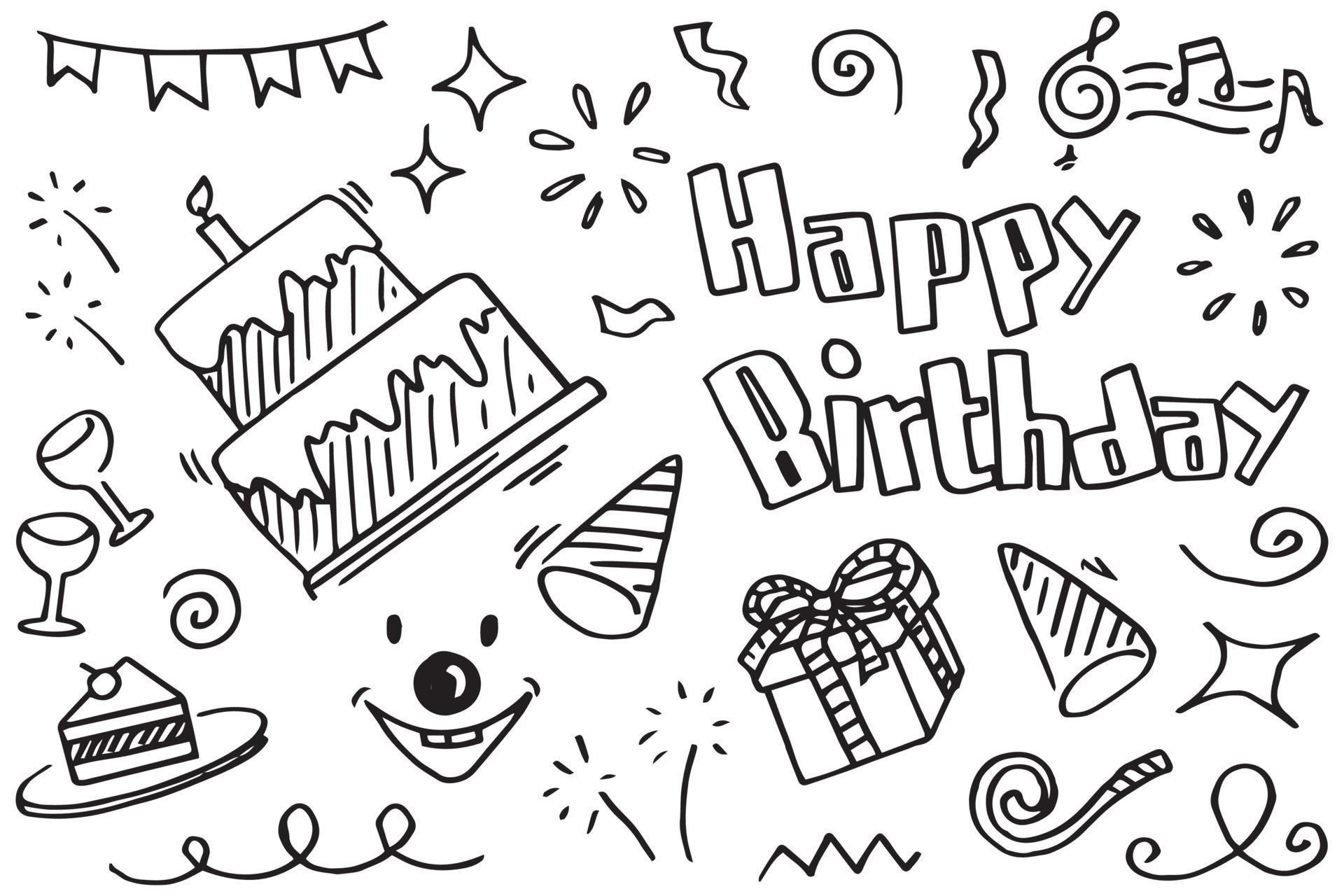 Vector illustration of happy birthday party doodle black and white ...