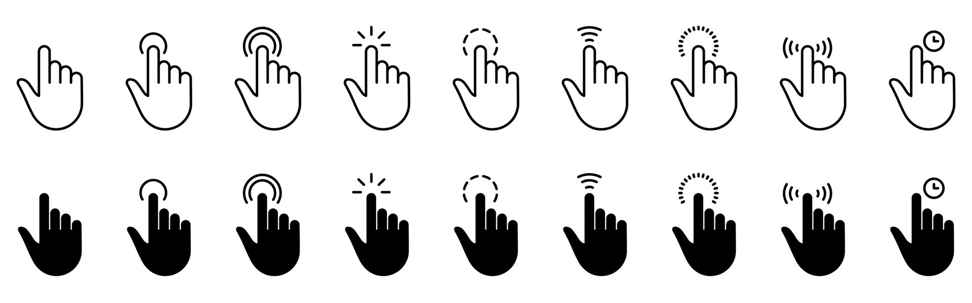 Hand With Finger Digital Mouse Click Line And Silhouette Icon Set Cursor Computer Pointer Sign