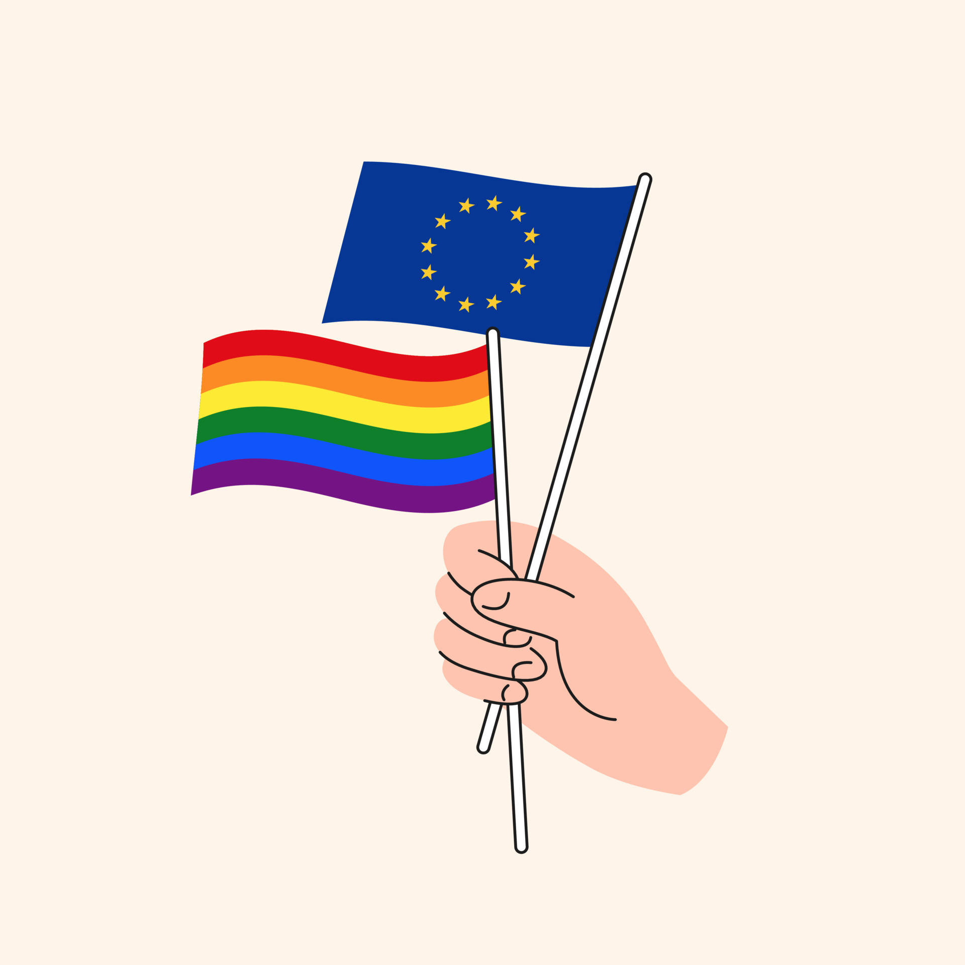 Cartoon Hand Holding European Union And LGBTQ Rainbow Flags. EU and ...