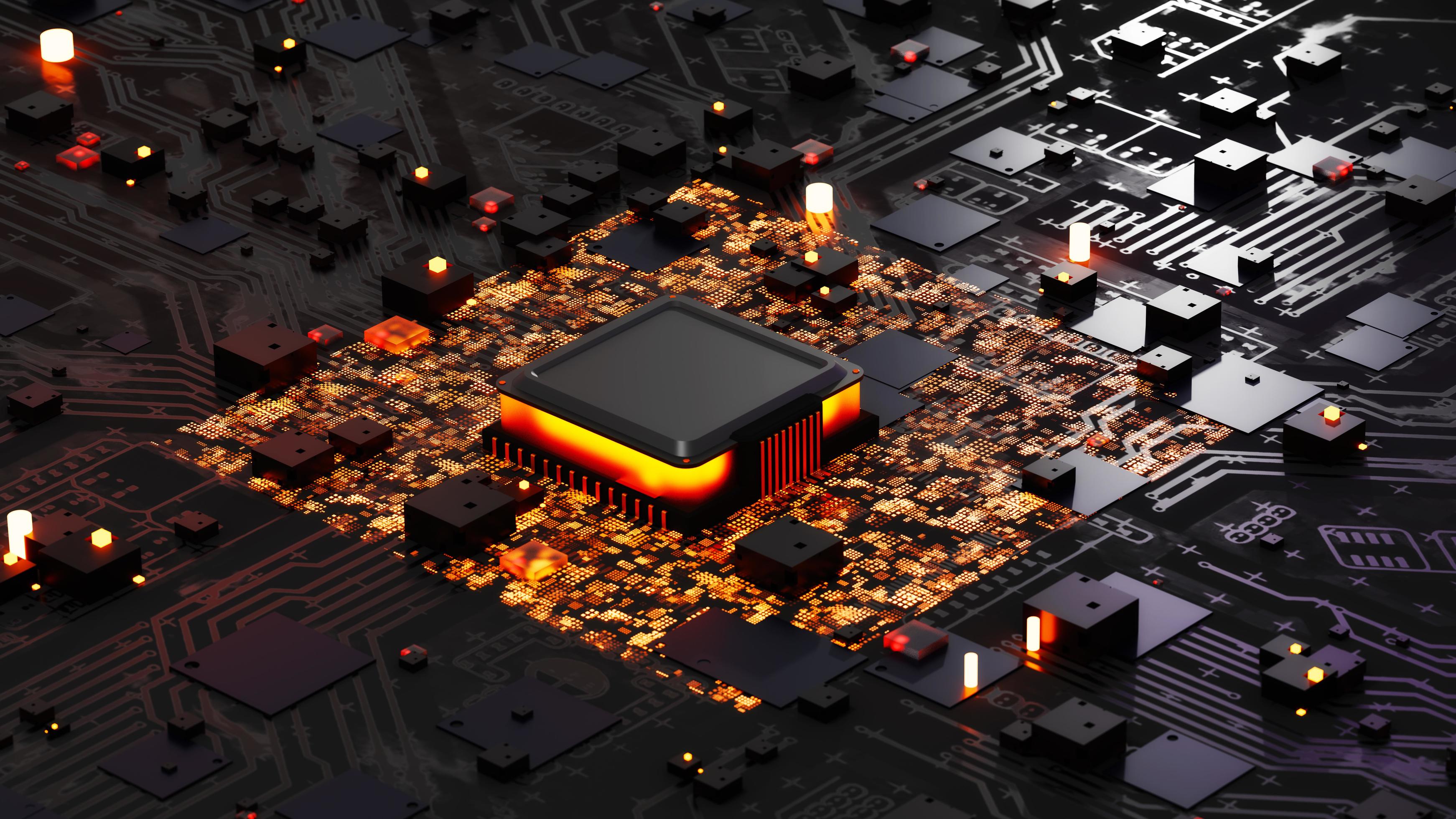 3D rendering CPU or Processor chip on motherboard electronic device and ...