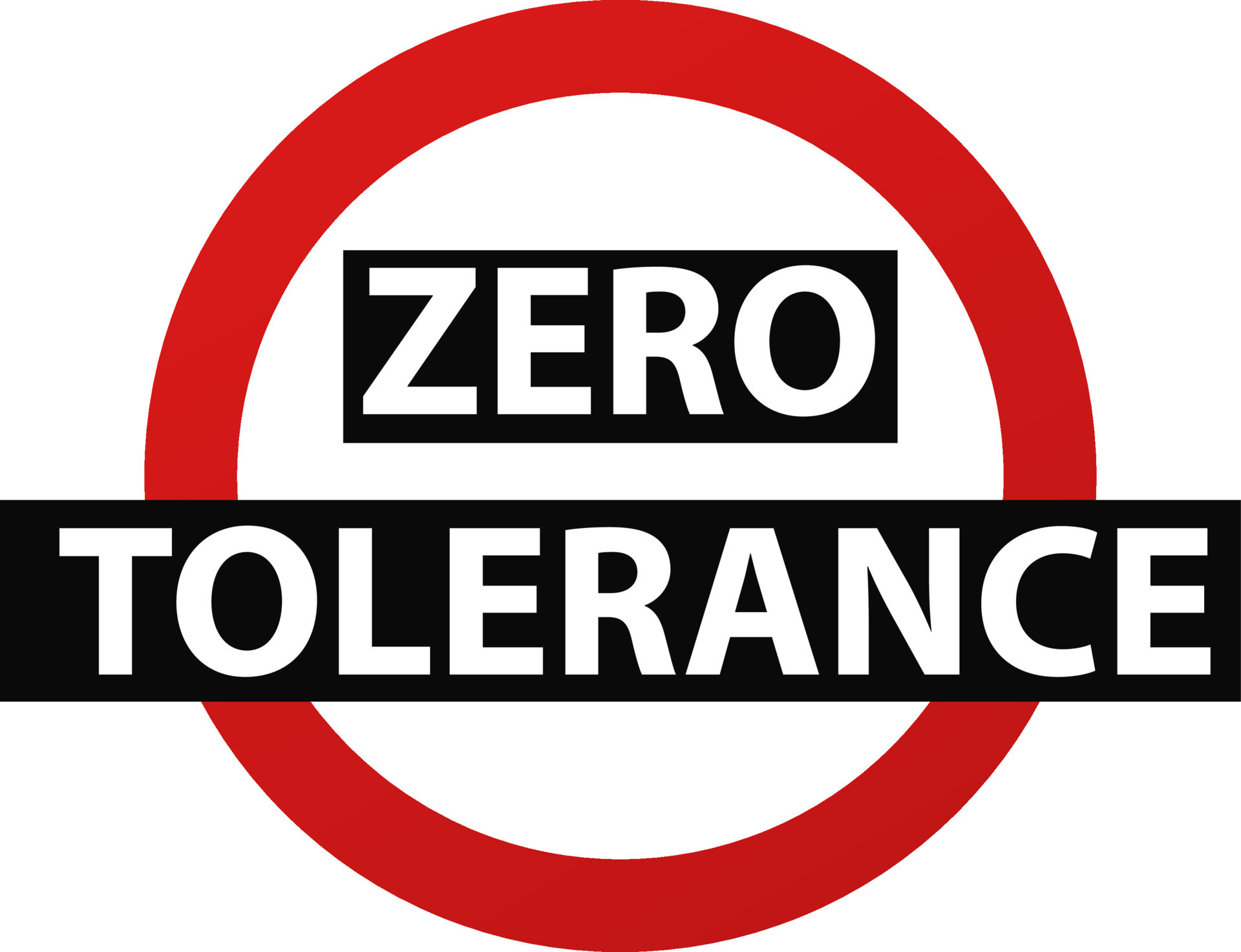 Zero tolerance warning. Red circle discrimination with black symbol violence and harassment lack ...