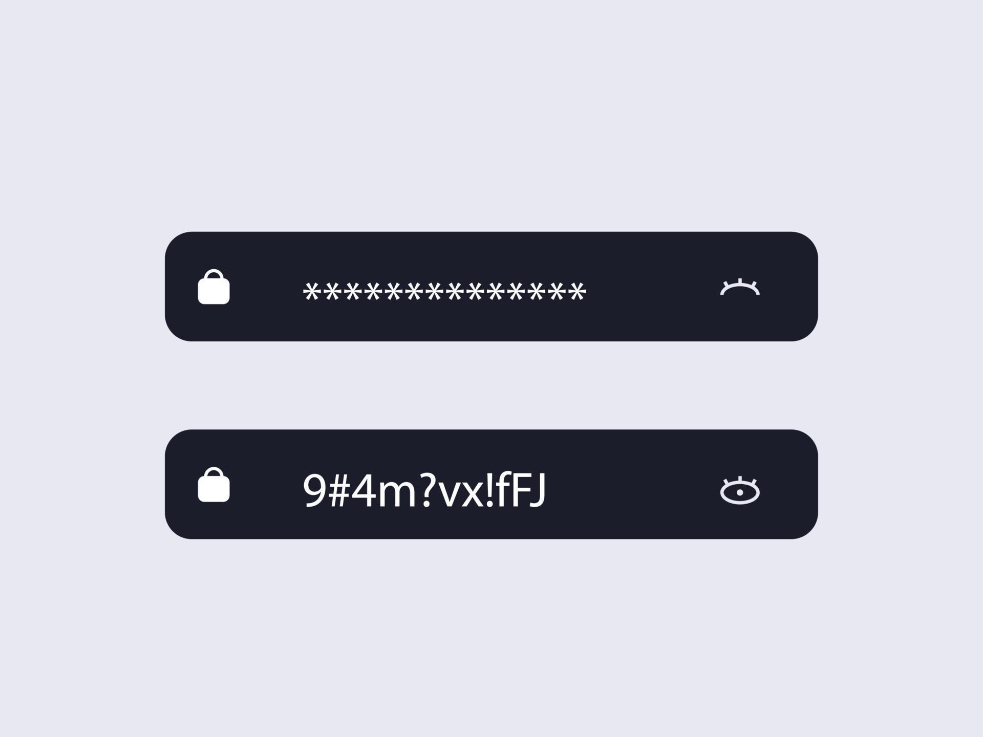 Hidden password and visible. Black frames with closed symbols with asterisks and eye and open ...