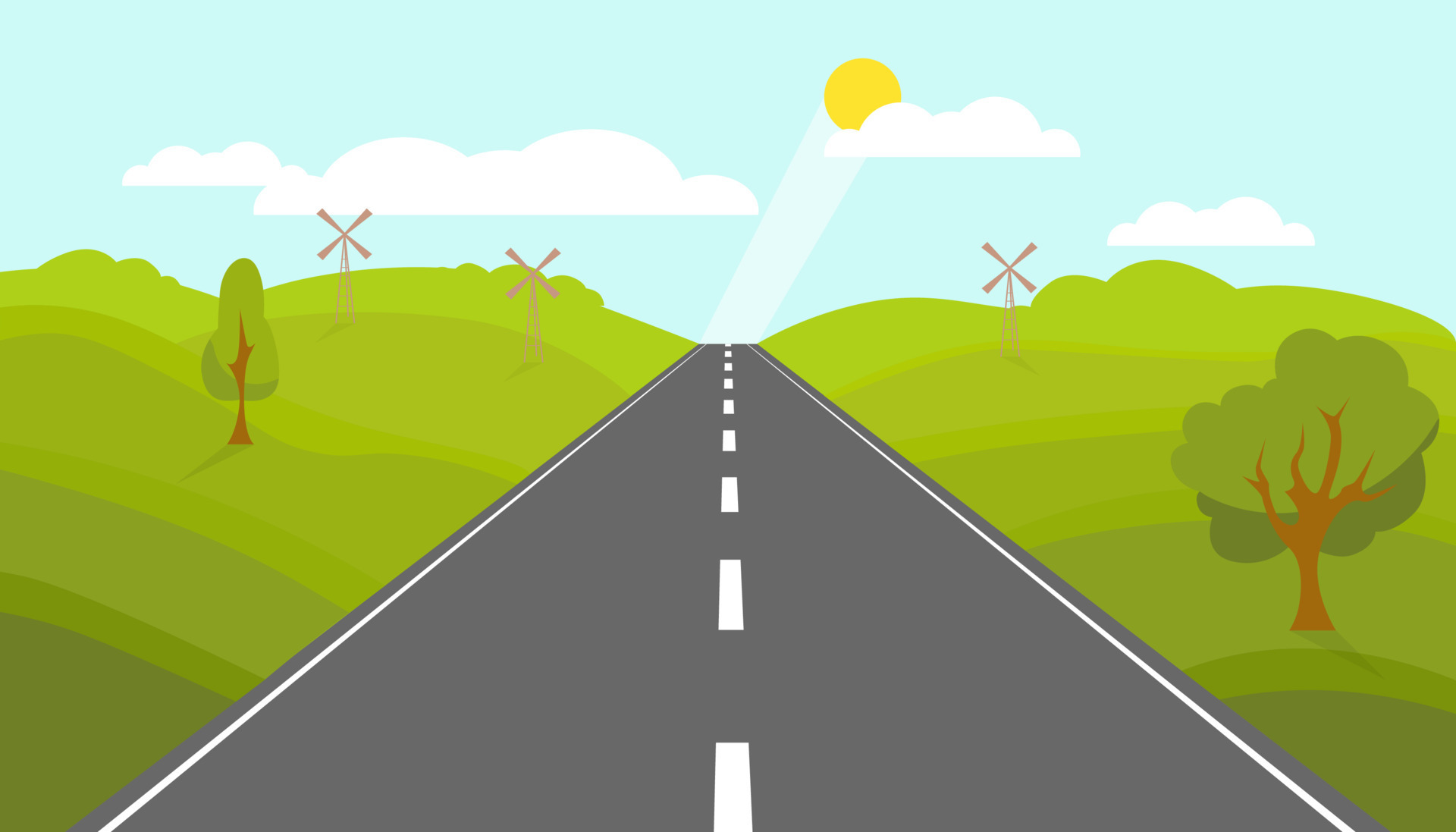 Straight highway road. Long asphalt road with white markings directed ...