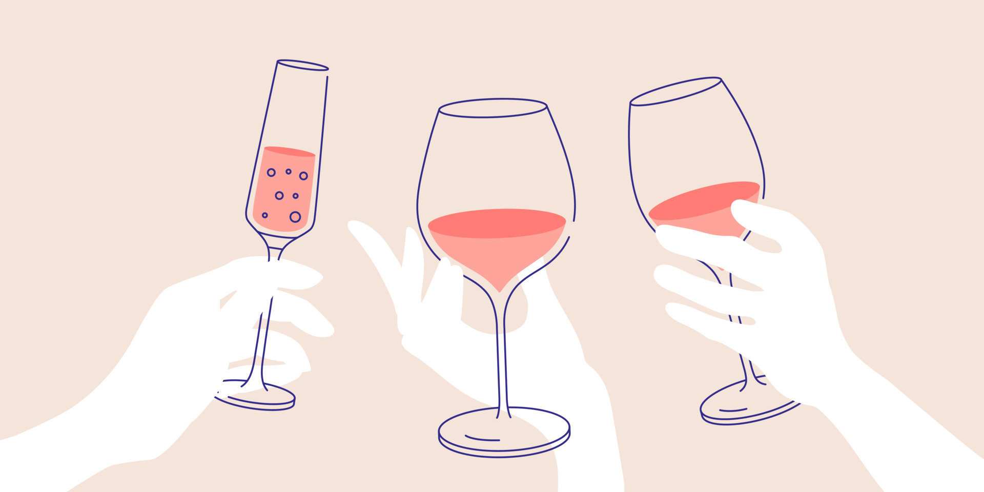 Outline Drawing Cheers Women S Hand Holding Glass Of White Red And Sparkling Wine Flat