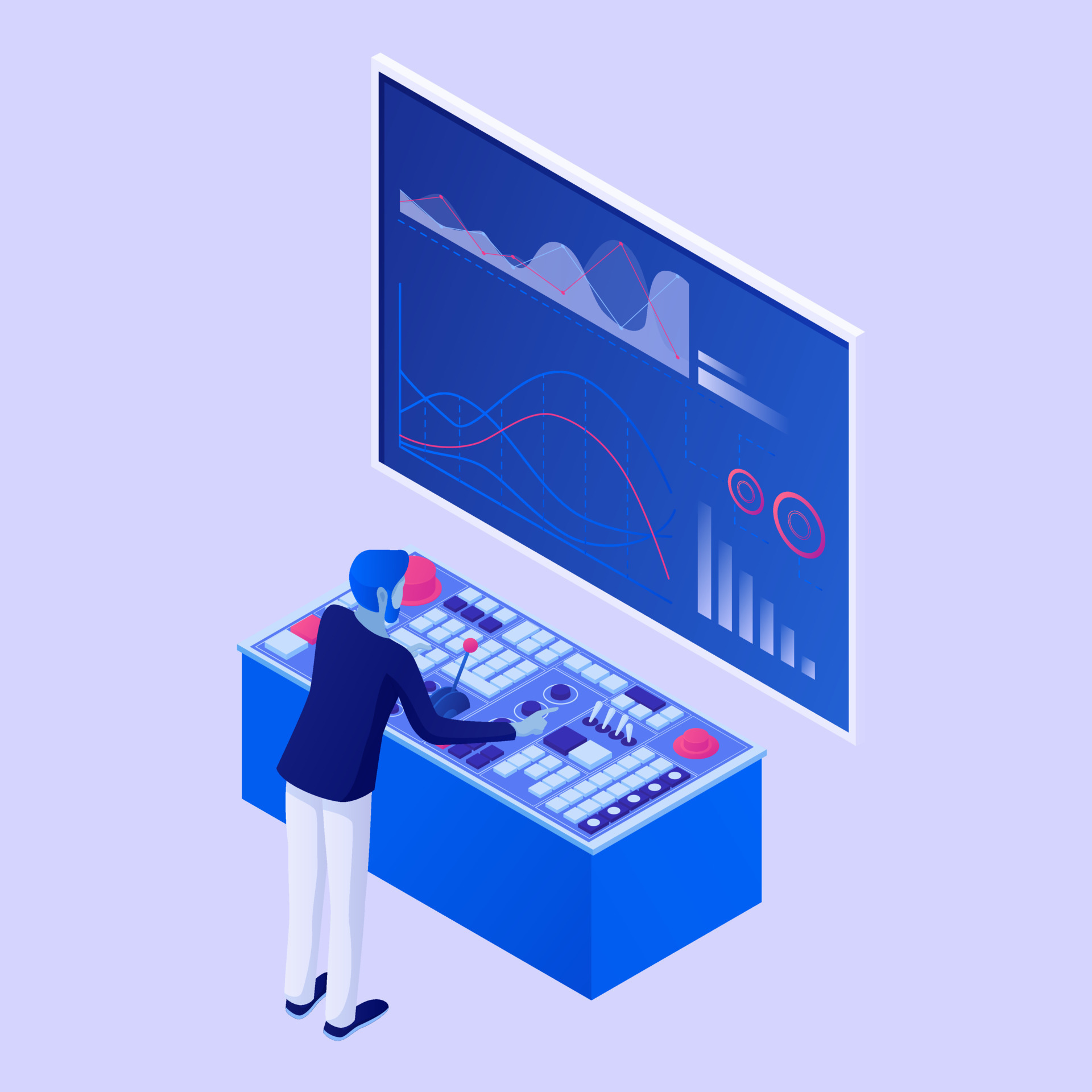 Character conducts web analytics isometric concept. Man with control ...
