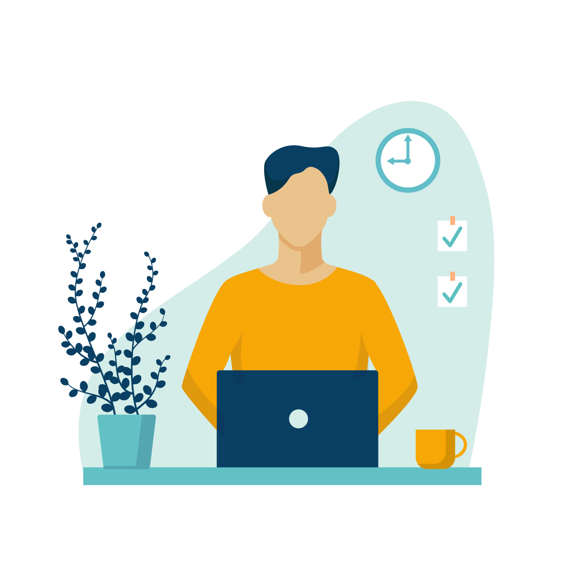 Male character works at home using laptop. Freelancer fulfills an ... Male character works at home using laptop. Freelancer fulfills an ...