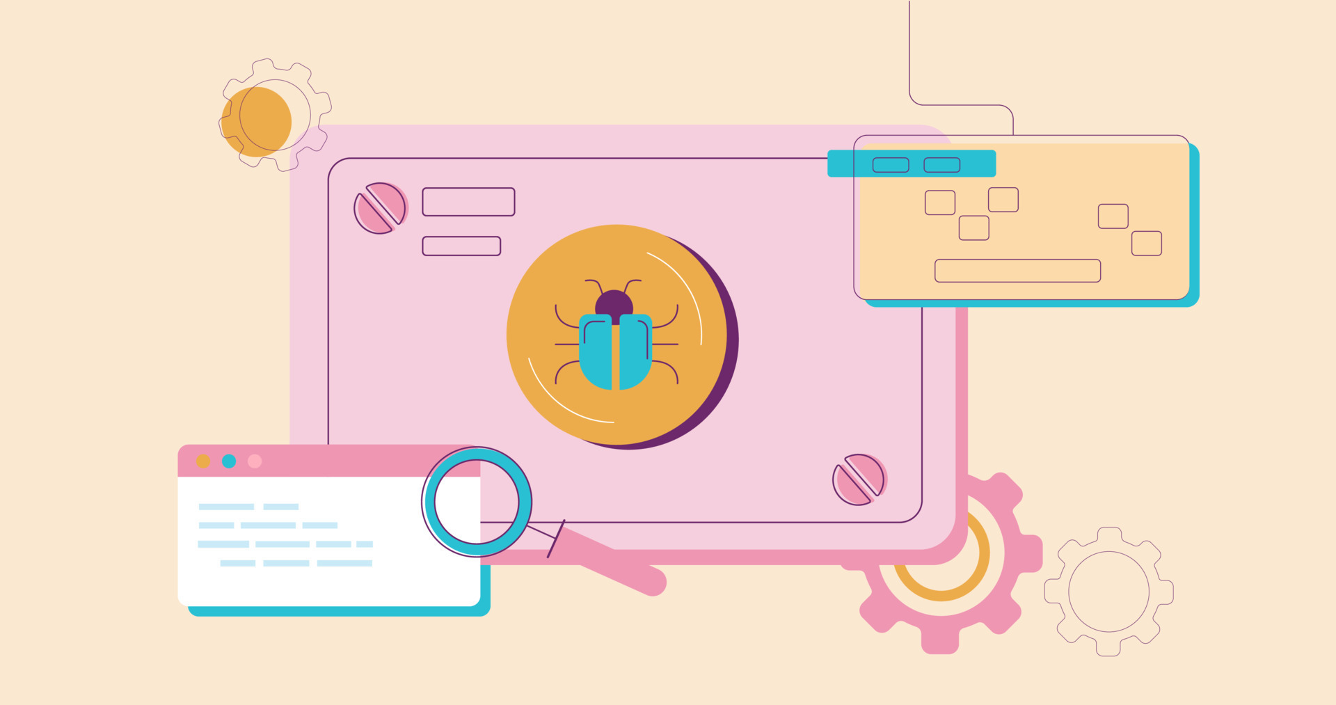 Detection bug illustration. Software warning about harmful virus unwanted of errors in ...