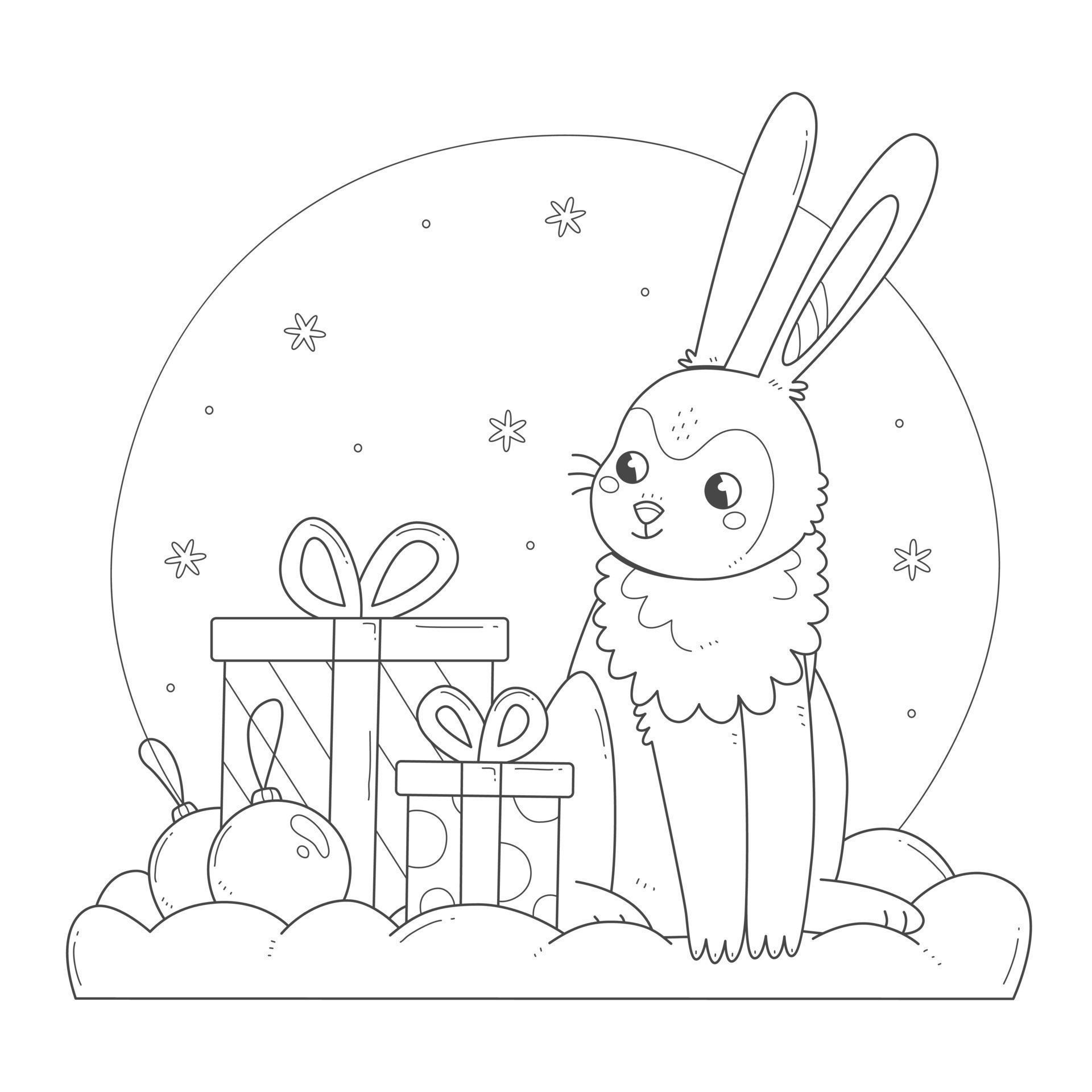 A rabbit with gifts kids coloring page. Bunny character in the snow ...