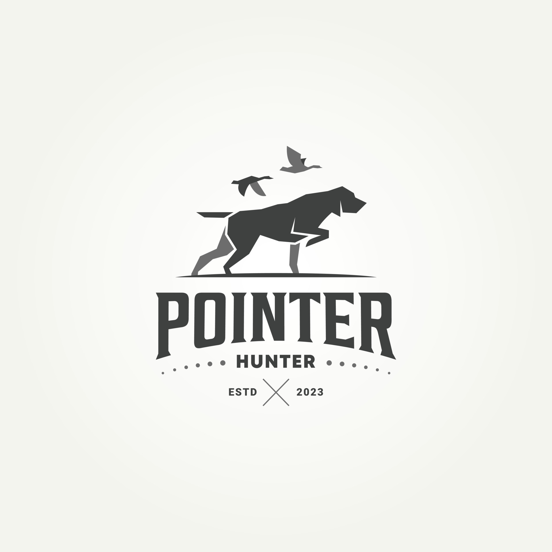 silhouette pointer dog hunting badge logo template vector illustration design. duck above ...