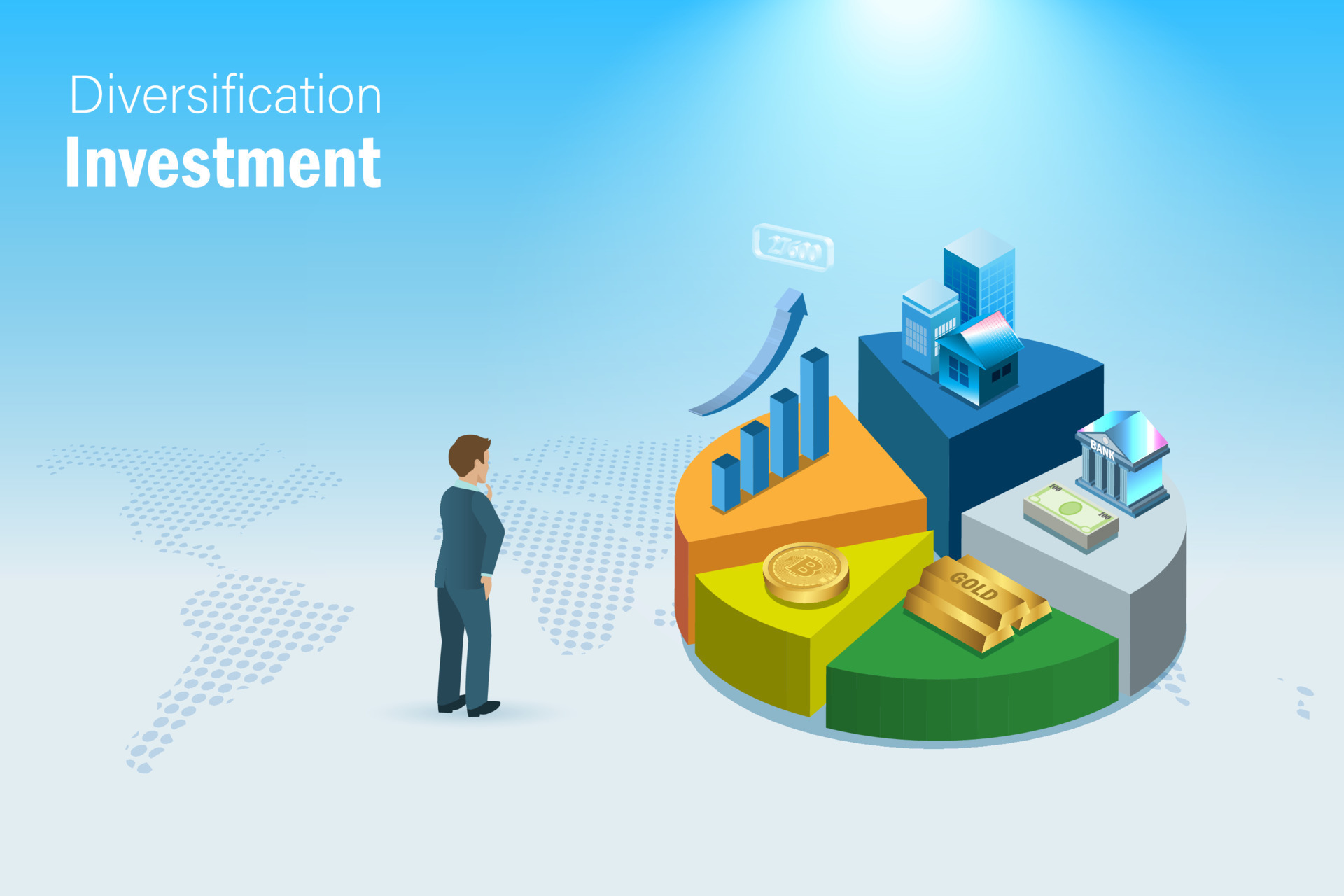 Businessman rebalancing diversification investment on 3D pie graph ... Businessman rebalancing diversification investment on 3D pie graph ...