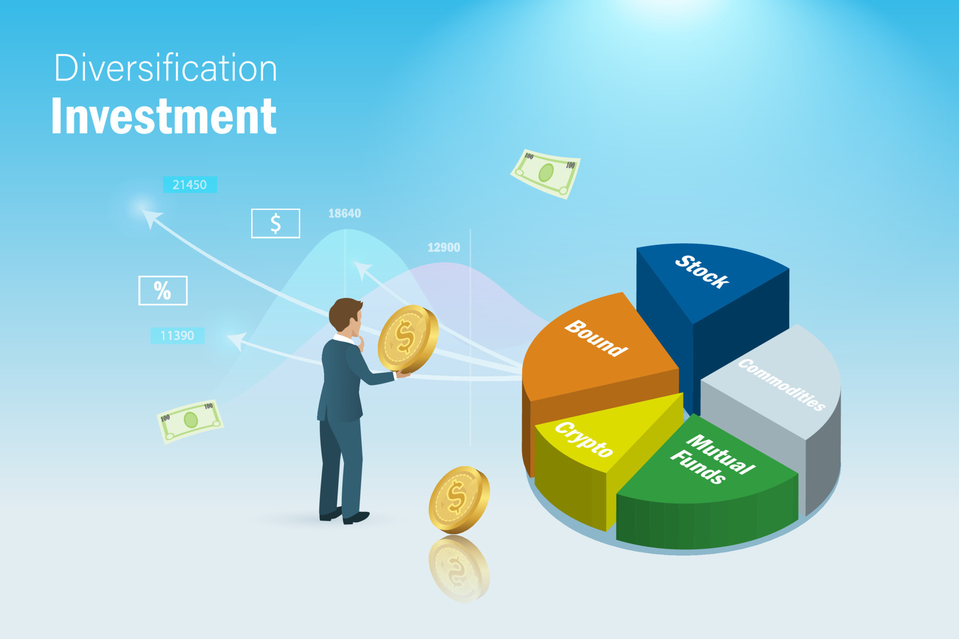 Businessman rebalancing diversification investment on 3D pie graph ... Businessman rebalancing diversification investment on 3D pie graph ...