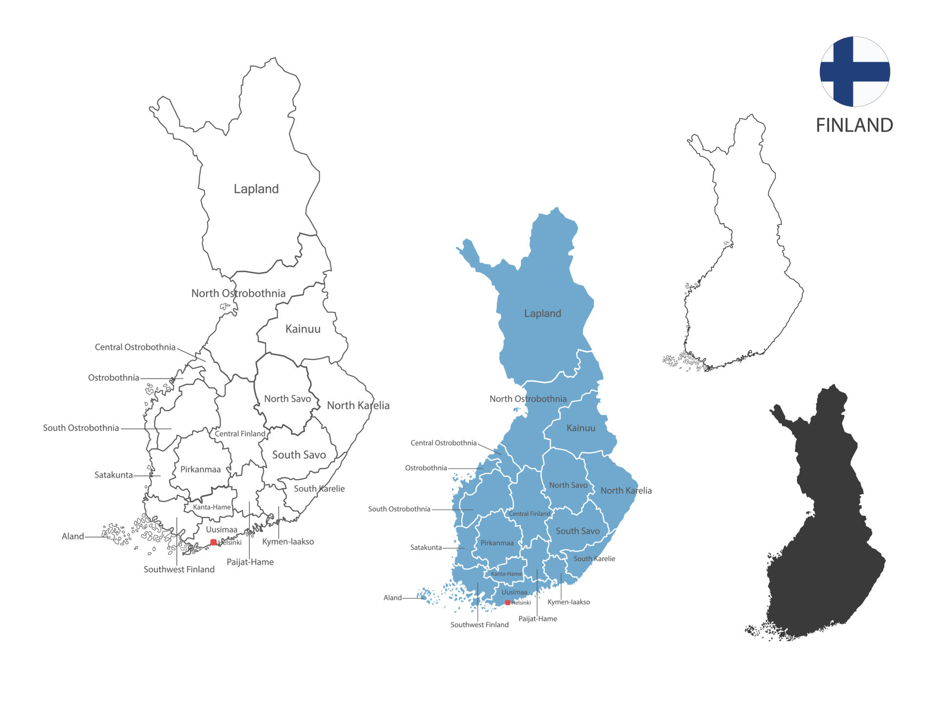 4 estilo de ilustración de vector de mapa de finlandia tiene toda la provincia y marca la ciudad ...