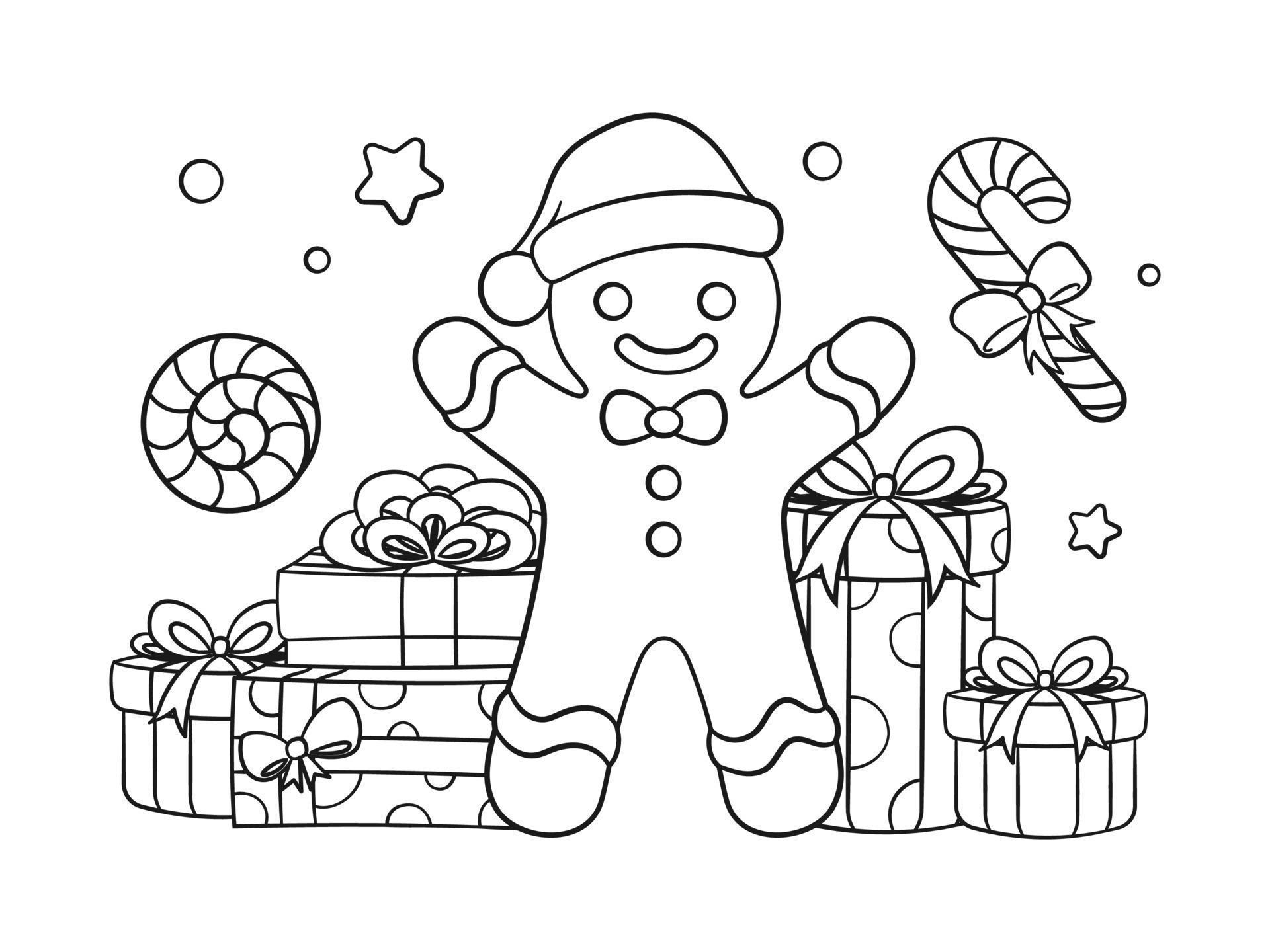 Gingerbread man with gift boxes and peppermint candy cane outline line ...