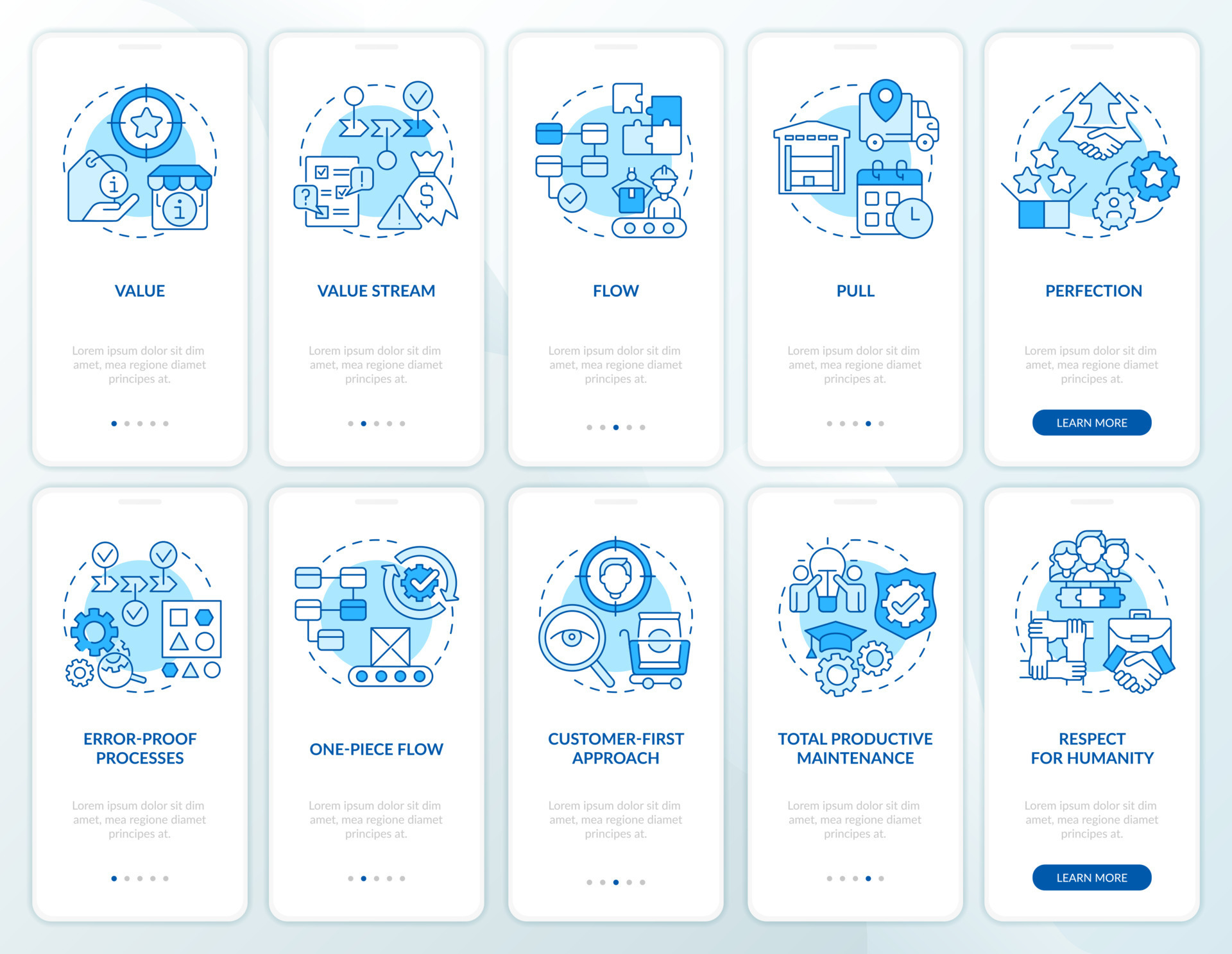 Lean Manufacturing Blue Onboarding Mobile App Screen Set Walkthrough 5