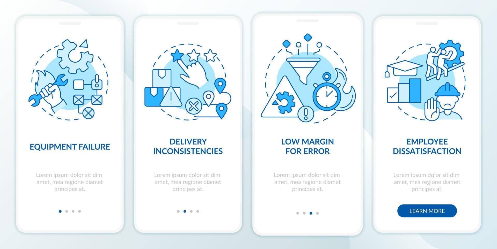 Lean Manufacturing Disadvantages Blue Onboarding Mobile App Screen Walkthrough 4 Steps Graphic