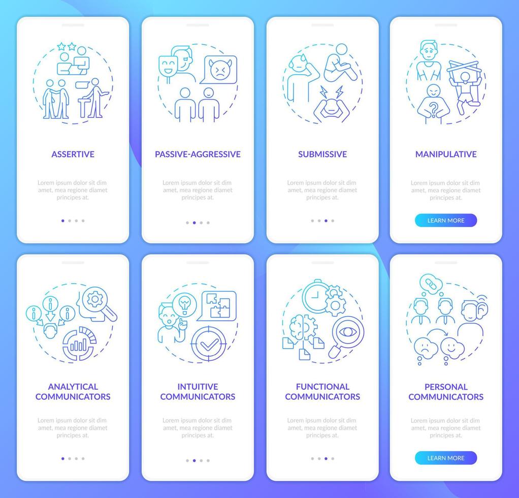 Different Communication Styles Gradient Onboarding Mobile App Screen Set Walkthrough 4 Steps