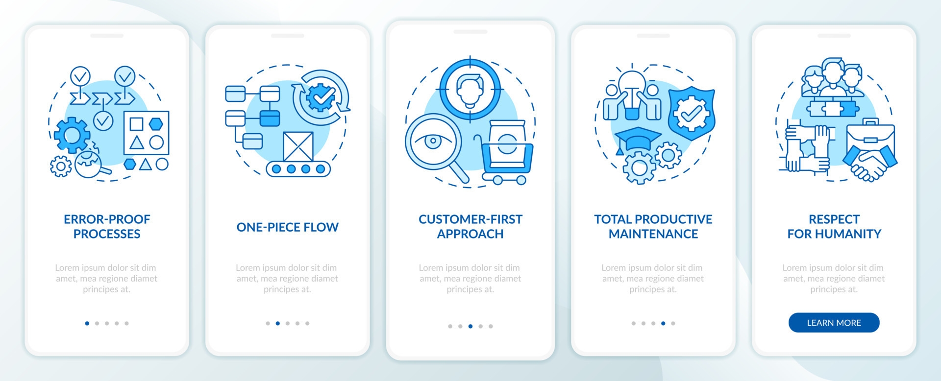 Lean manufacturing principles blue onboarding mobile app screen ... Lean manufacturing principles blue onboarding mobile app screen ...