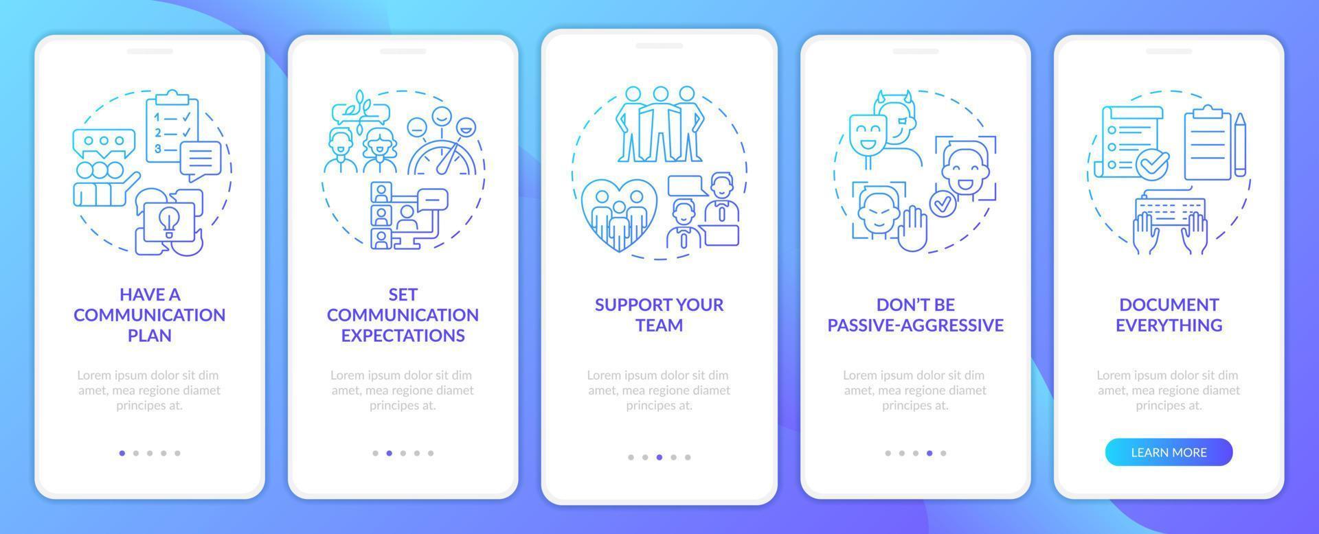 Communication management blue gradient onboarding mobile app screen. Walkthrough 5 steps graphic ...