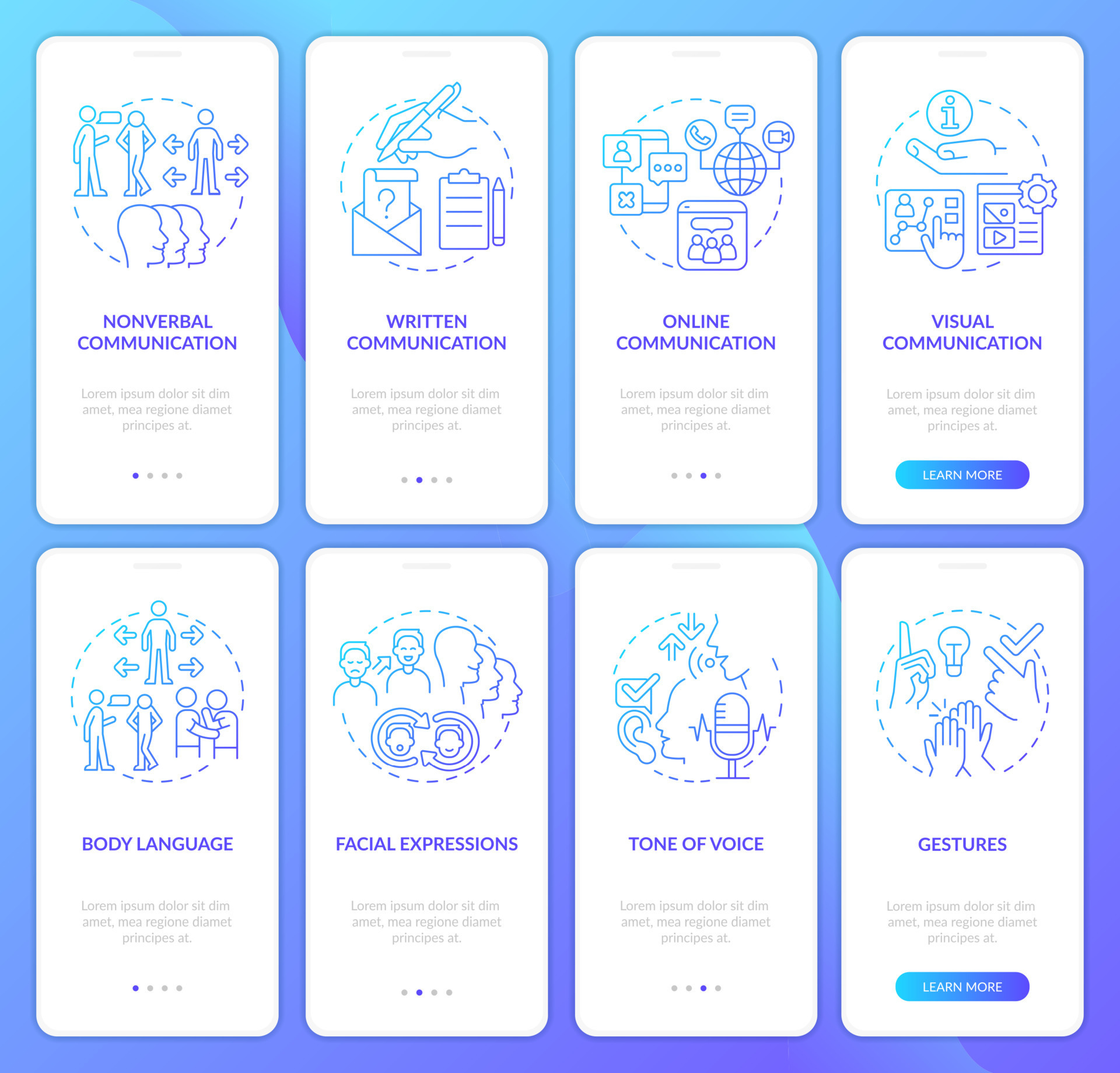 Improve Communication Skills Gradient Onboarding Mobile App Screen Set Walkthrough 4 Steps