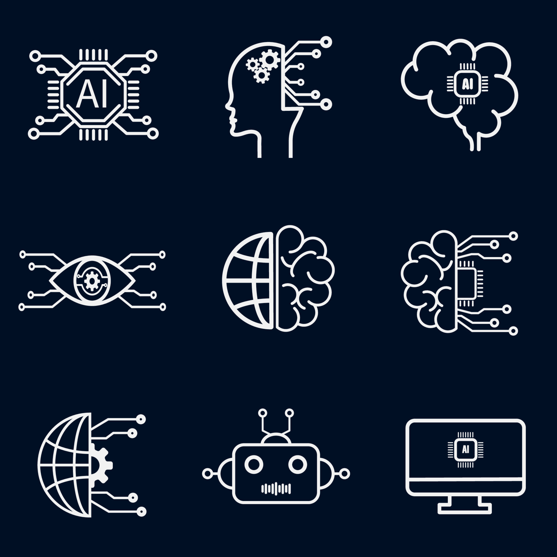 Vector Set Of Artificial Intelligence Icons Multiple Processor Symbols Robotics Knowledge