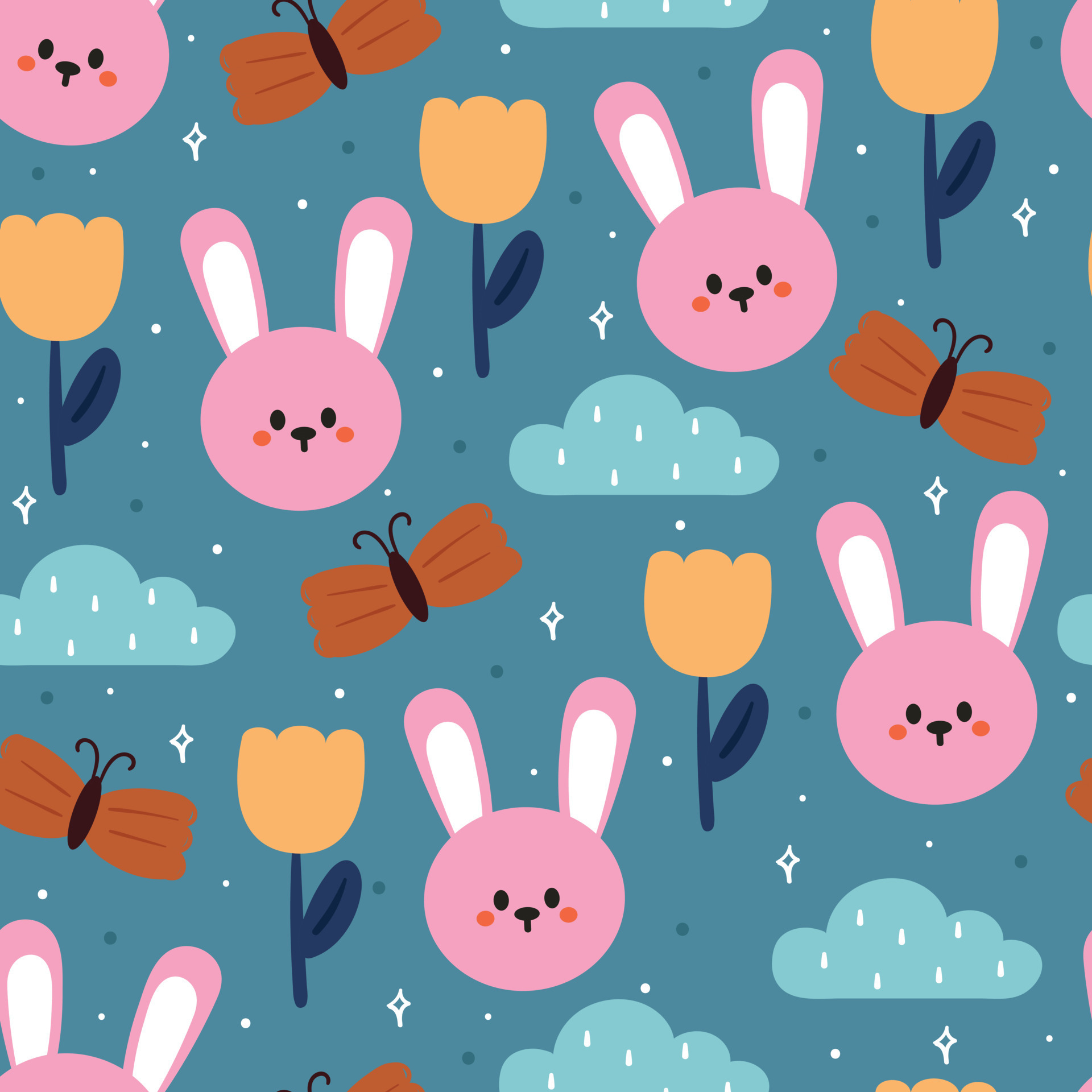 seamless pattern hand drawing cartoon bunny and flower. animal drawing ...