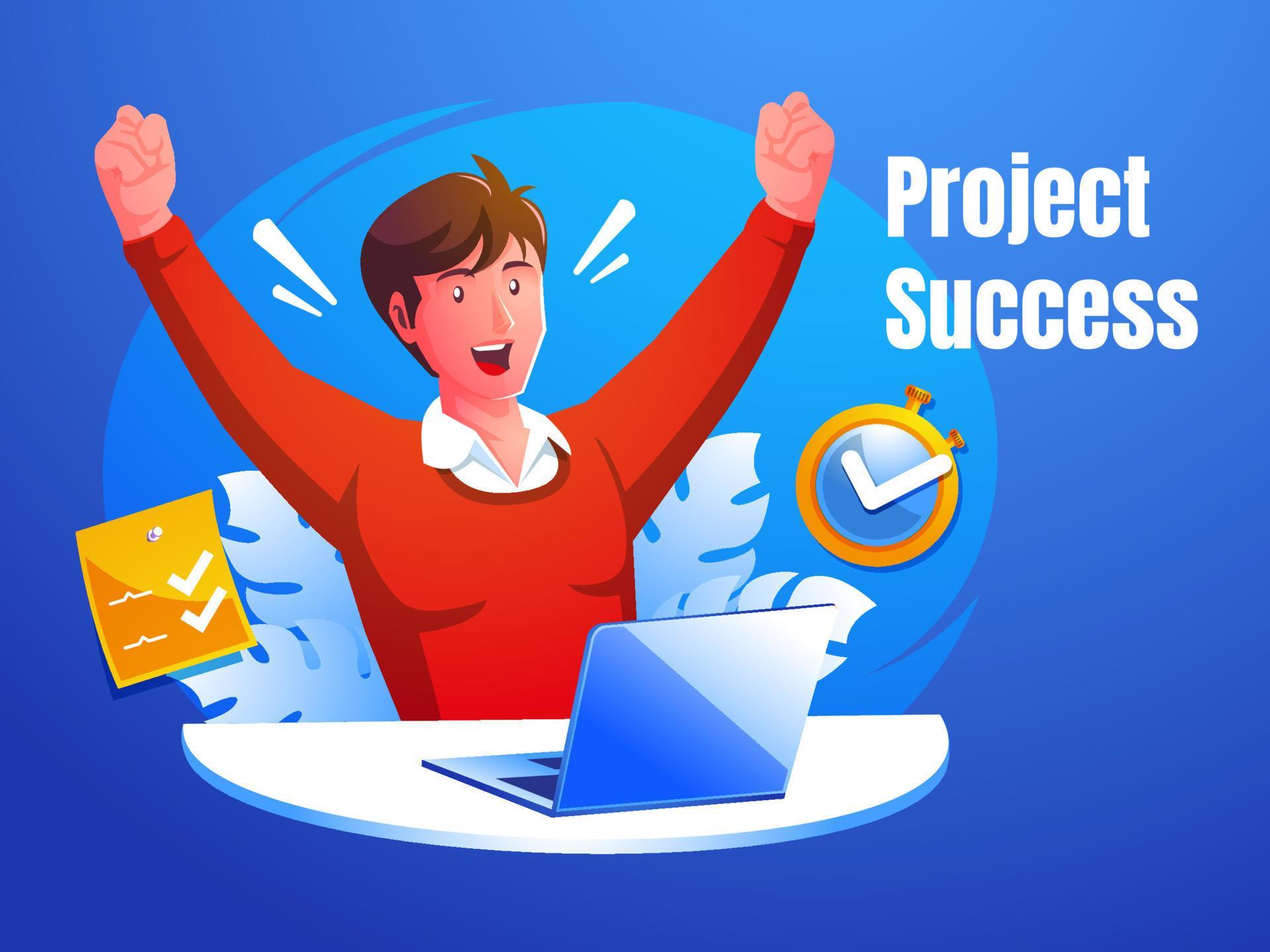 Happy man completing task with hands raised at her workplace, Job well done, Completed task ...