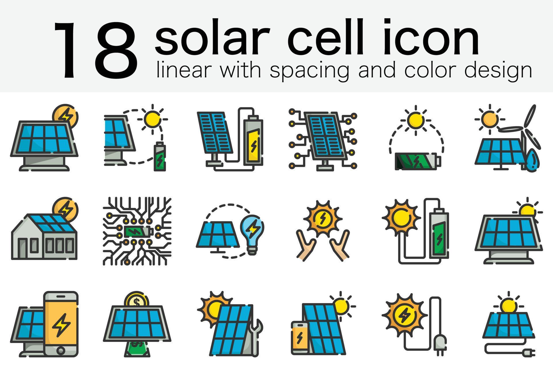 set of solar cell panel photovoltaic icon in minimal linear with space ...