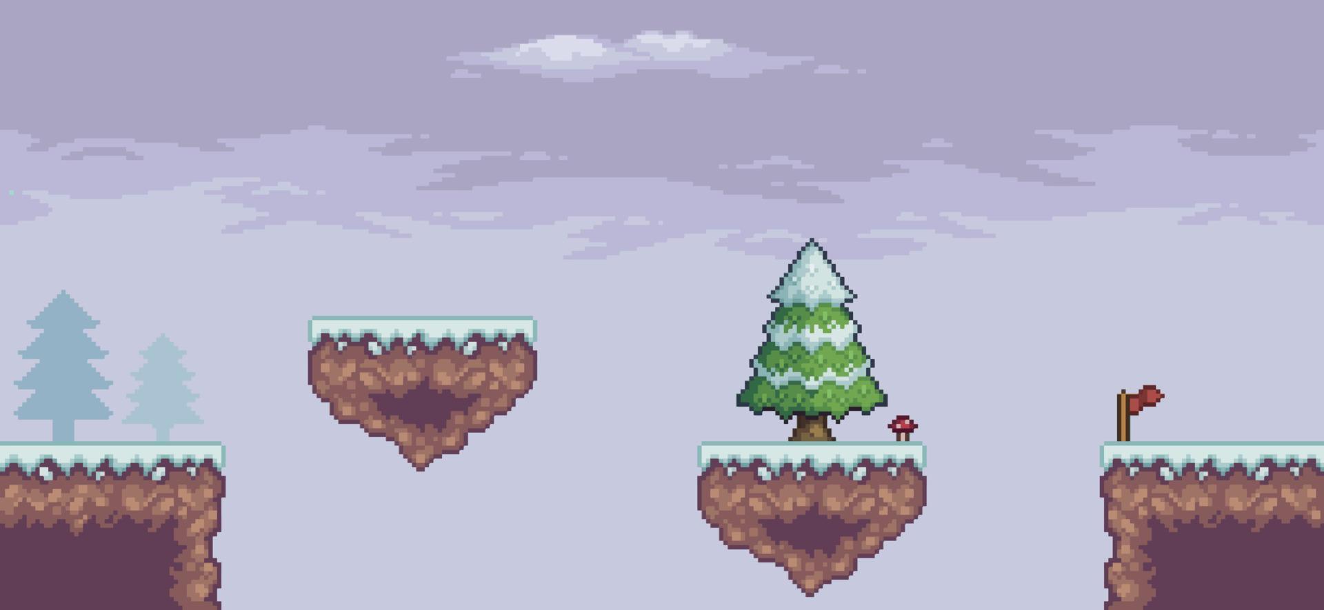 Pixel art game scene in snow with floating platform, pine trees, clouds and 8bit background ...