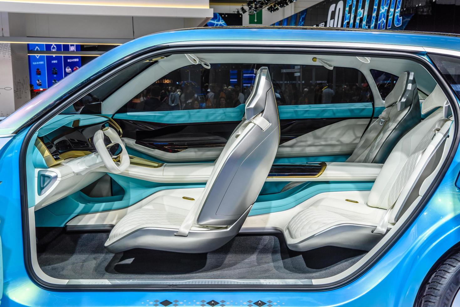 FRANKFURT, GERMANY - SEPT 2019 white interior of sky blue Great Wall Motors WEY-X Concept ...