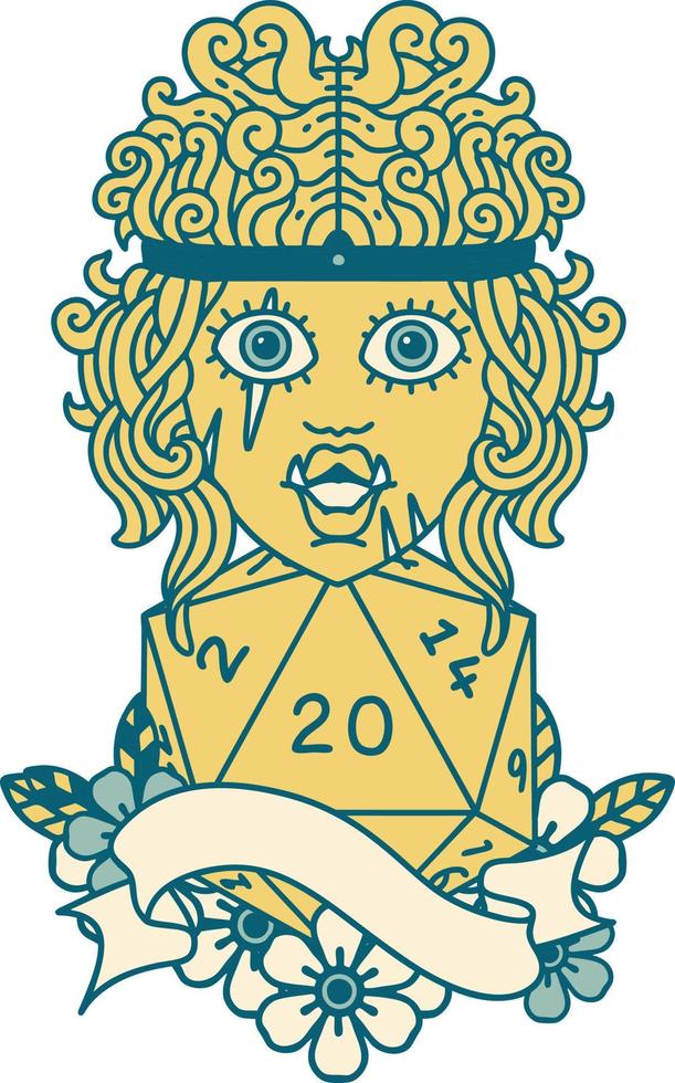 Retro Tattoo Style Half Orc Barbarian Character With Natural Twenty